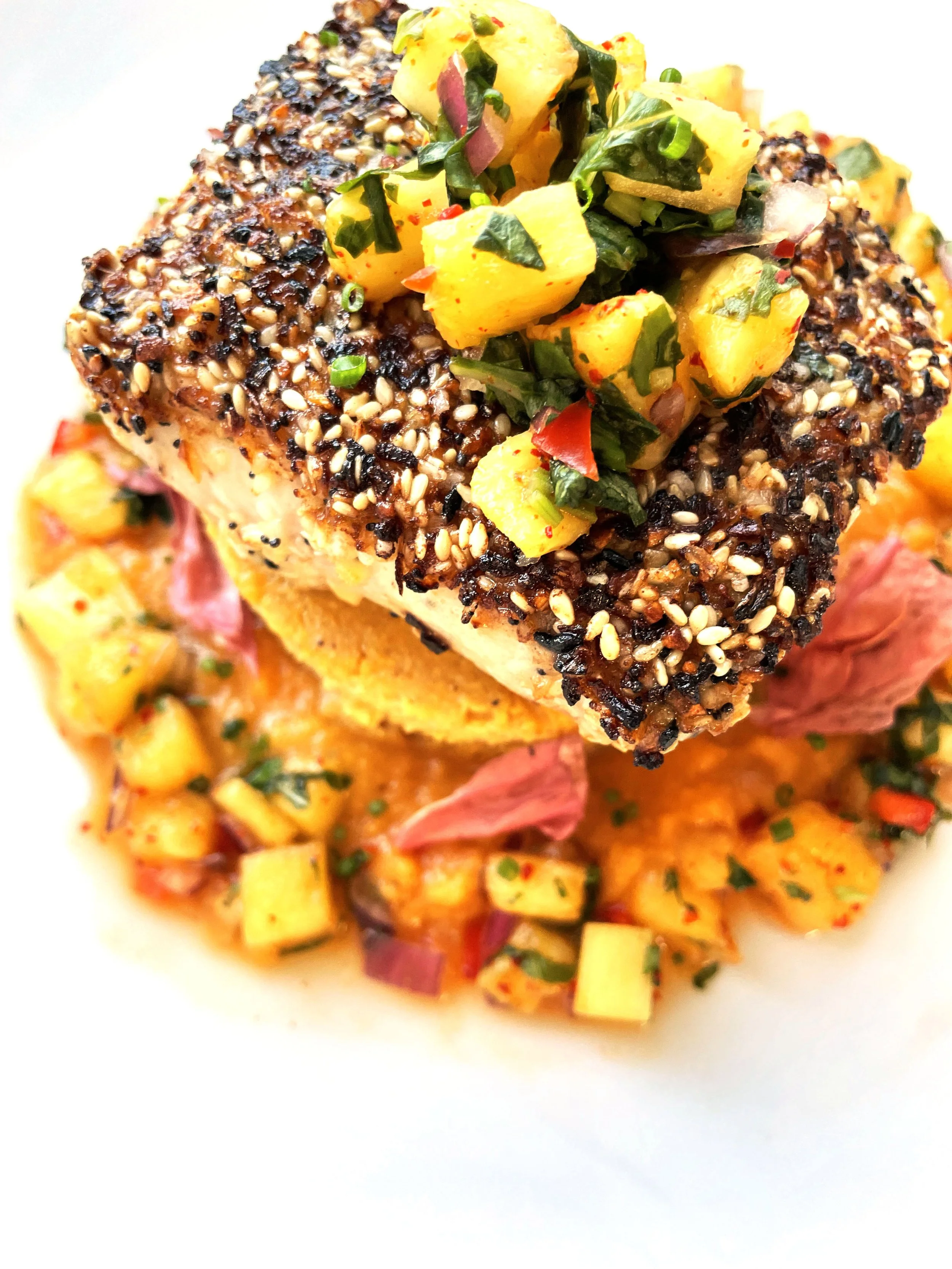 Pistachio Crusted Mahi Mahi with Summer Corn Chowder Puree — Kinney Lane