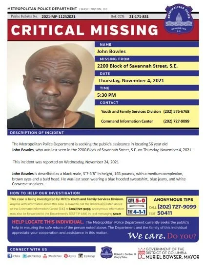 CRITICAL MISSING | John Bowles, 56 — Congress Heights on the Rise