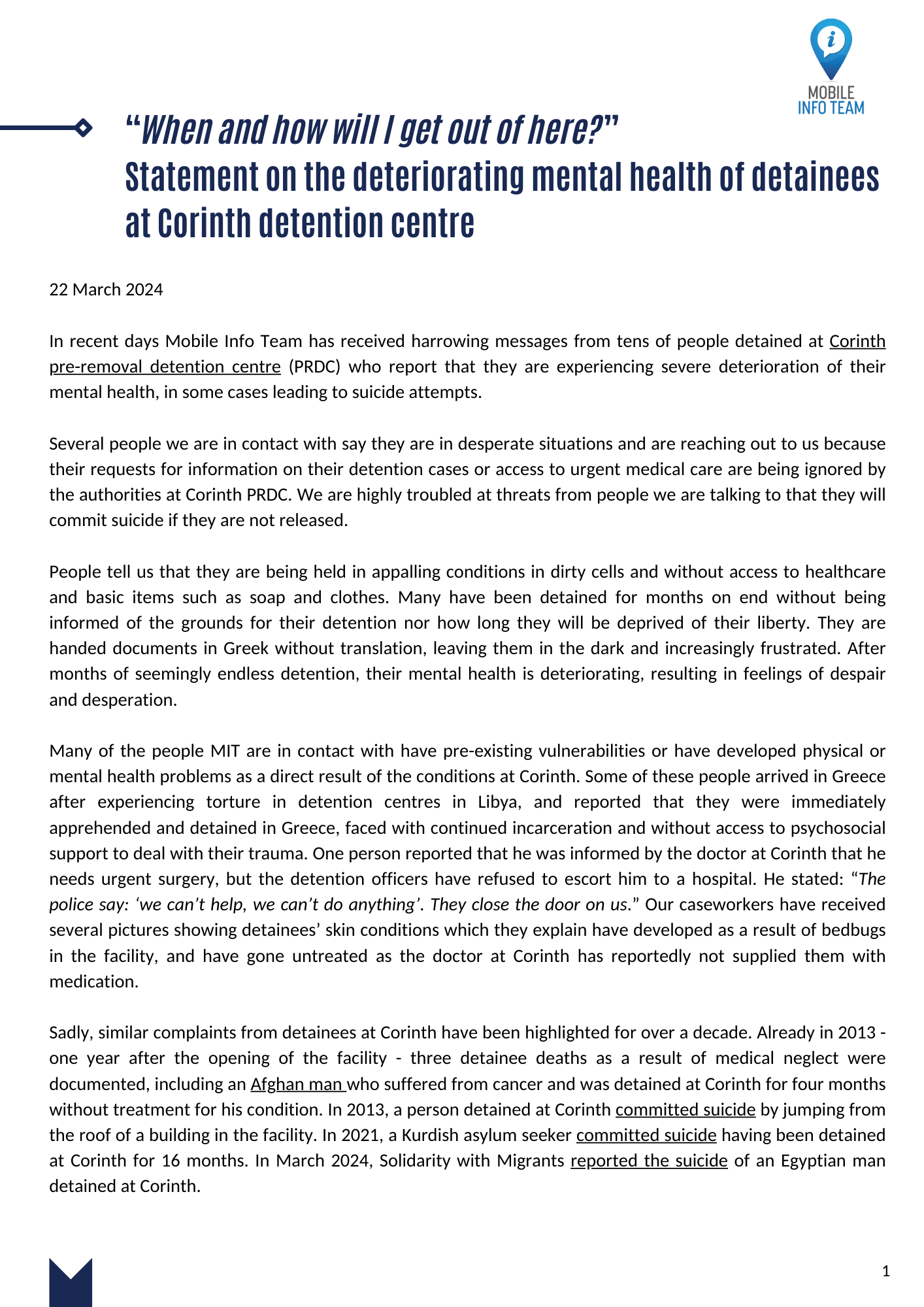 Statement: Deteriorating mental health of detainees at Corinth ...