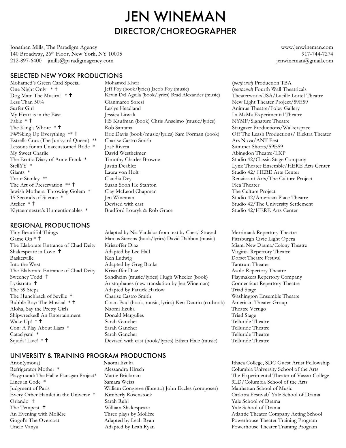 Resume — Jen Wineman | Director & Choreographer