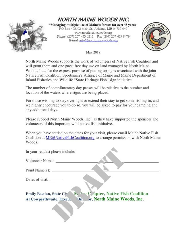 State Heritage Fish Sign - North Maine Woods Access — Native Fish Coalition