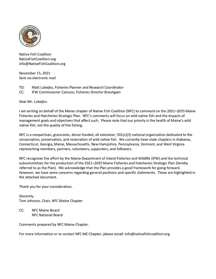 ME NFC Chimes in on MDIFW Management Plan Draft — Native Fish Coalition