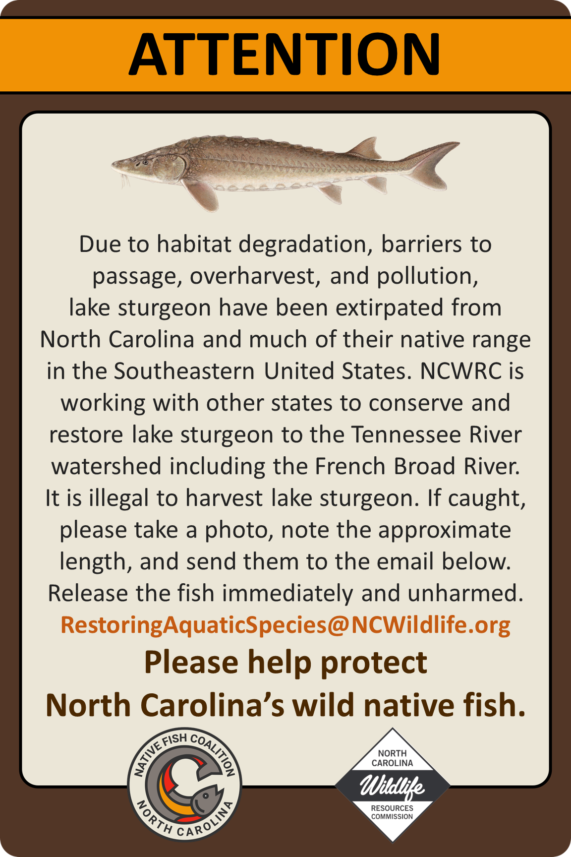 Lake Sturgeon Sign - North Carolina (NCWRC) — Native Fish Coalition