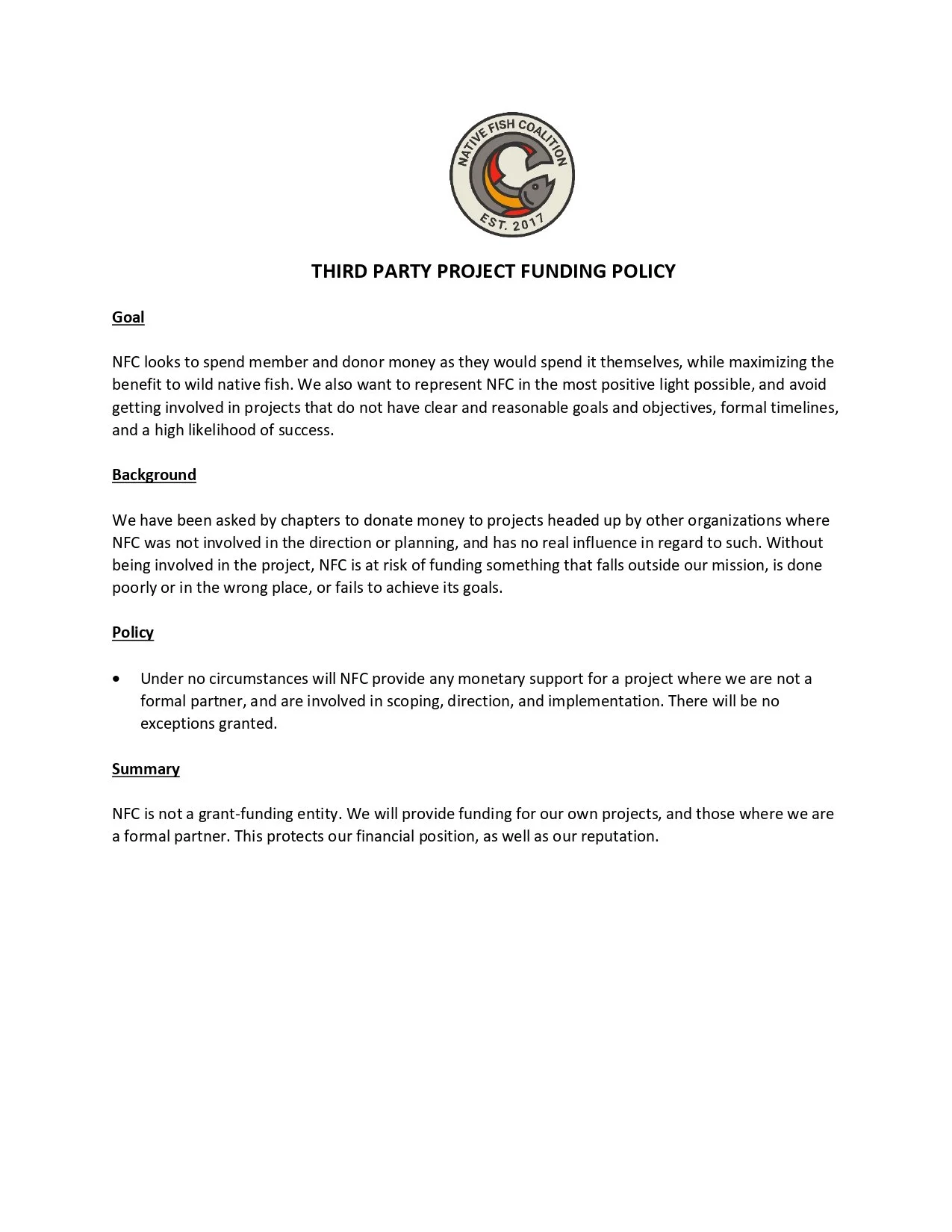 3rd Party Project Funding Policy — Native Fish Coalition