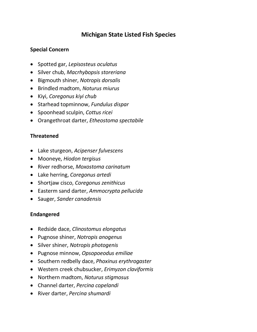 Michigan State Listed Fish Species — Native Fish Coalition