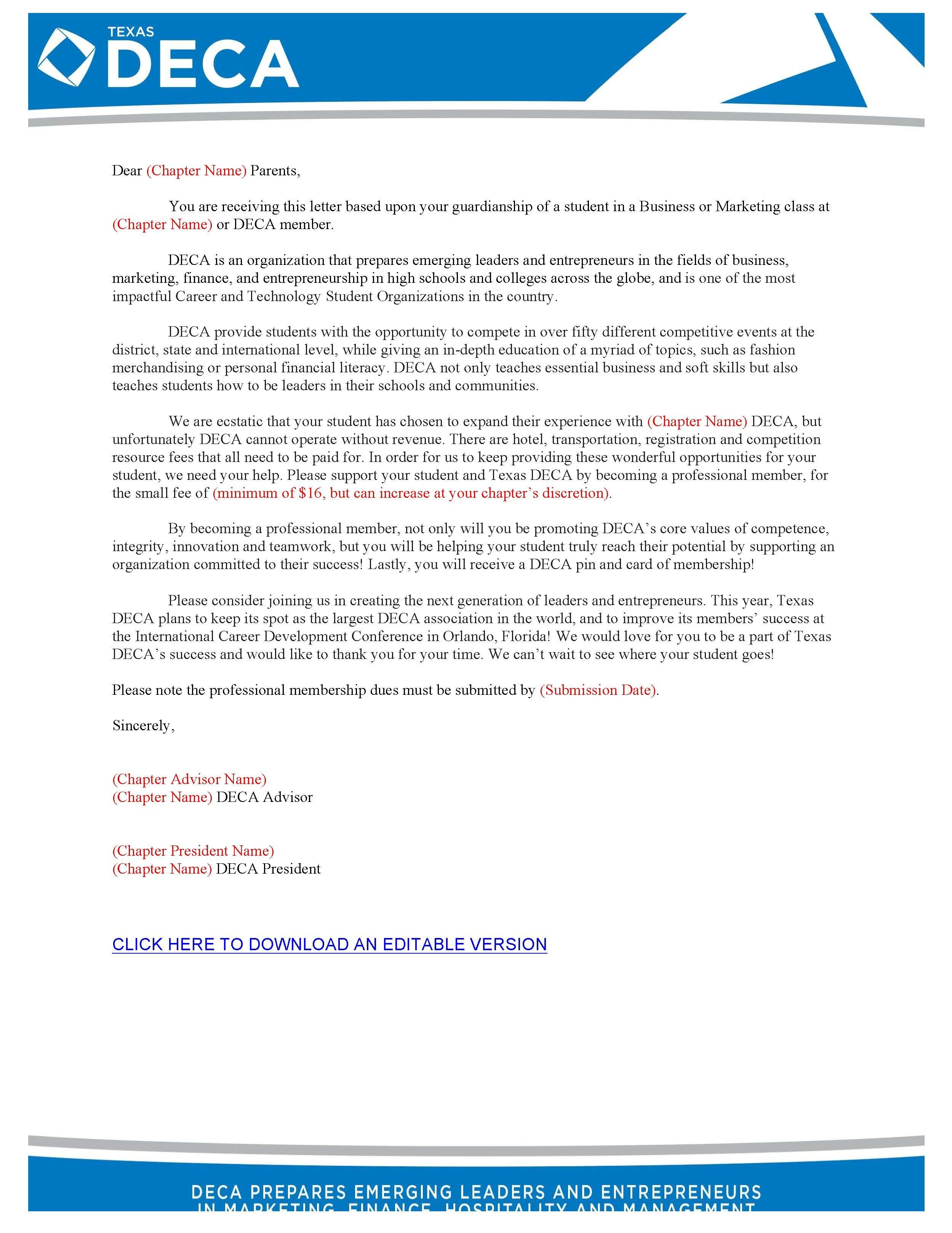 Professional & Alumni Member Outreach Letters - Editable — Texas DECA