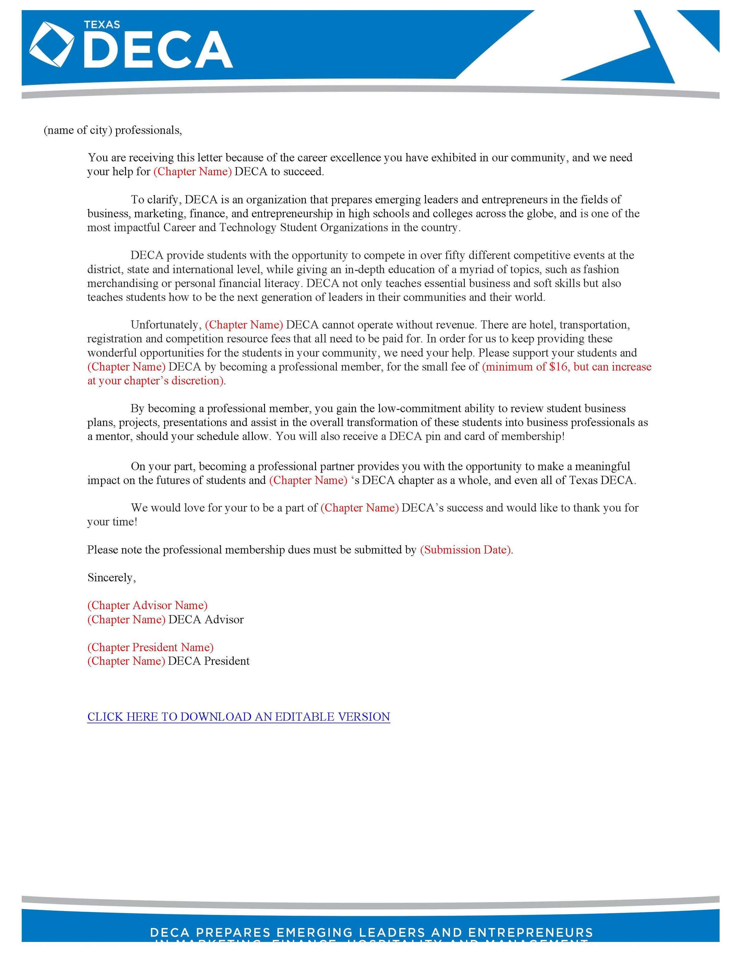 Professional & Alumni Member Outreach Letters - Editable — Texas DECA