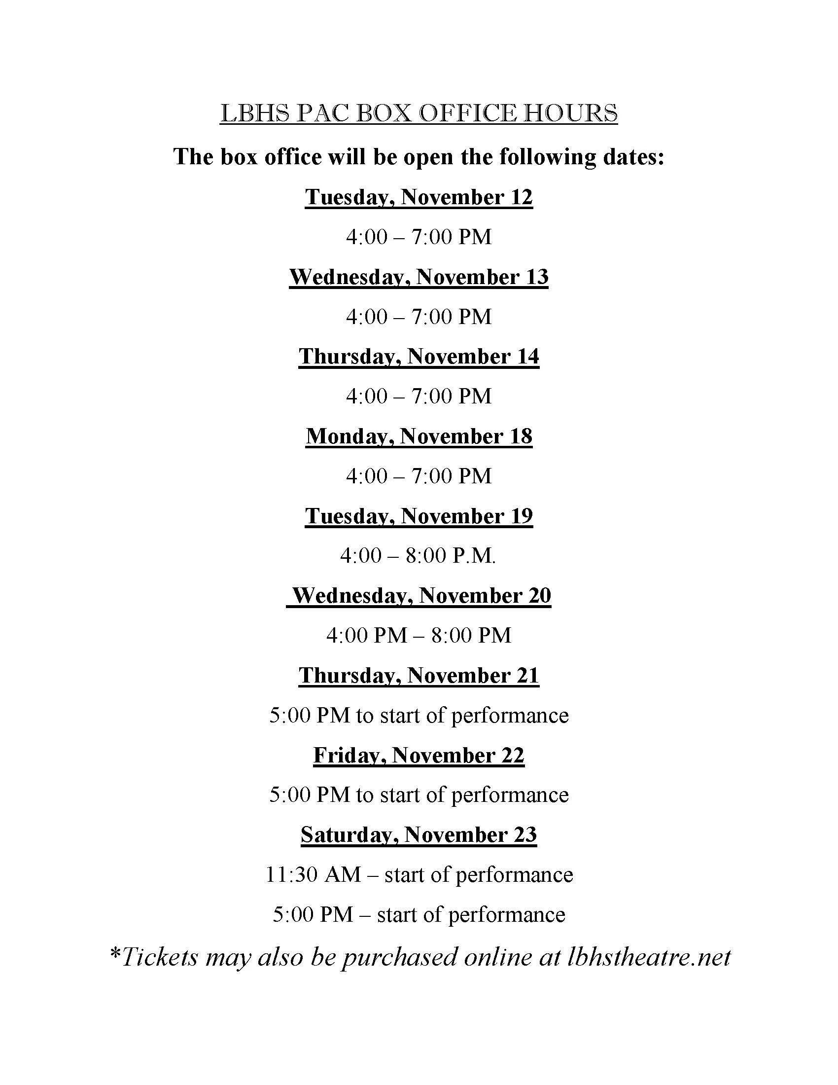 Box Office Hours — Lemon Bay High School Theatre
