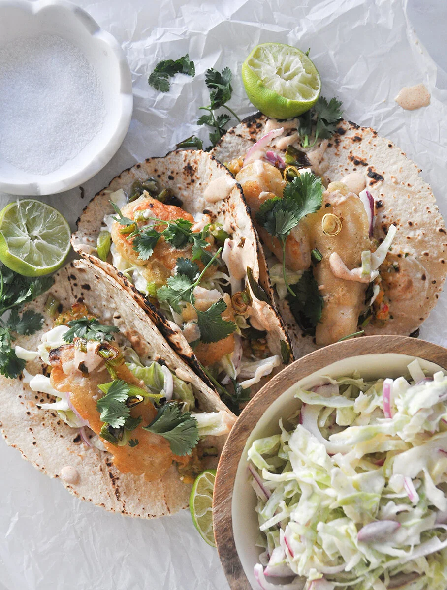 Baja Style Fish Tacos & Cabbage Cucumber Slaw With Heirloom Salsa ...