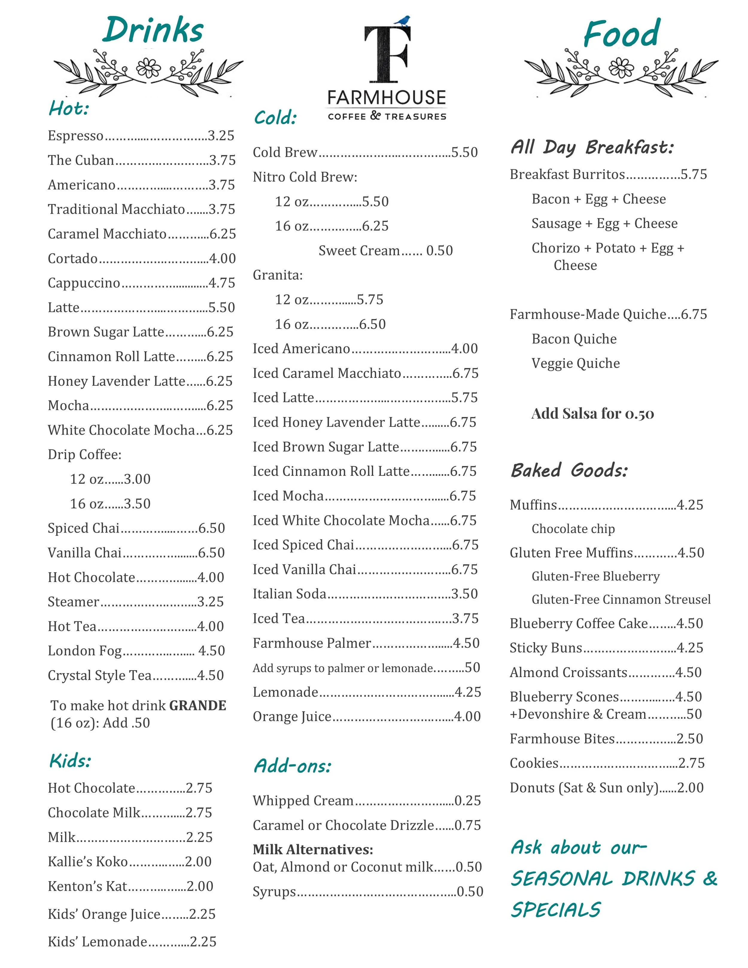 Menu — Farmhouse Coffee & Treasures