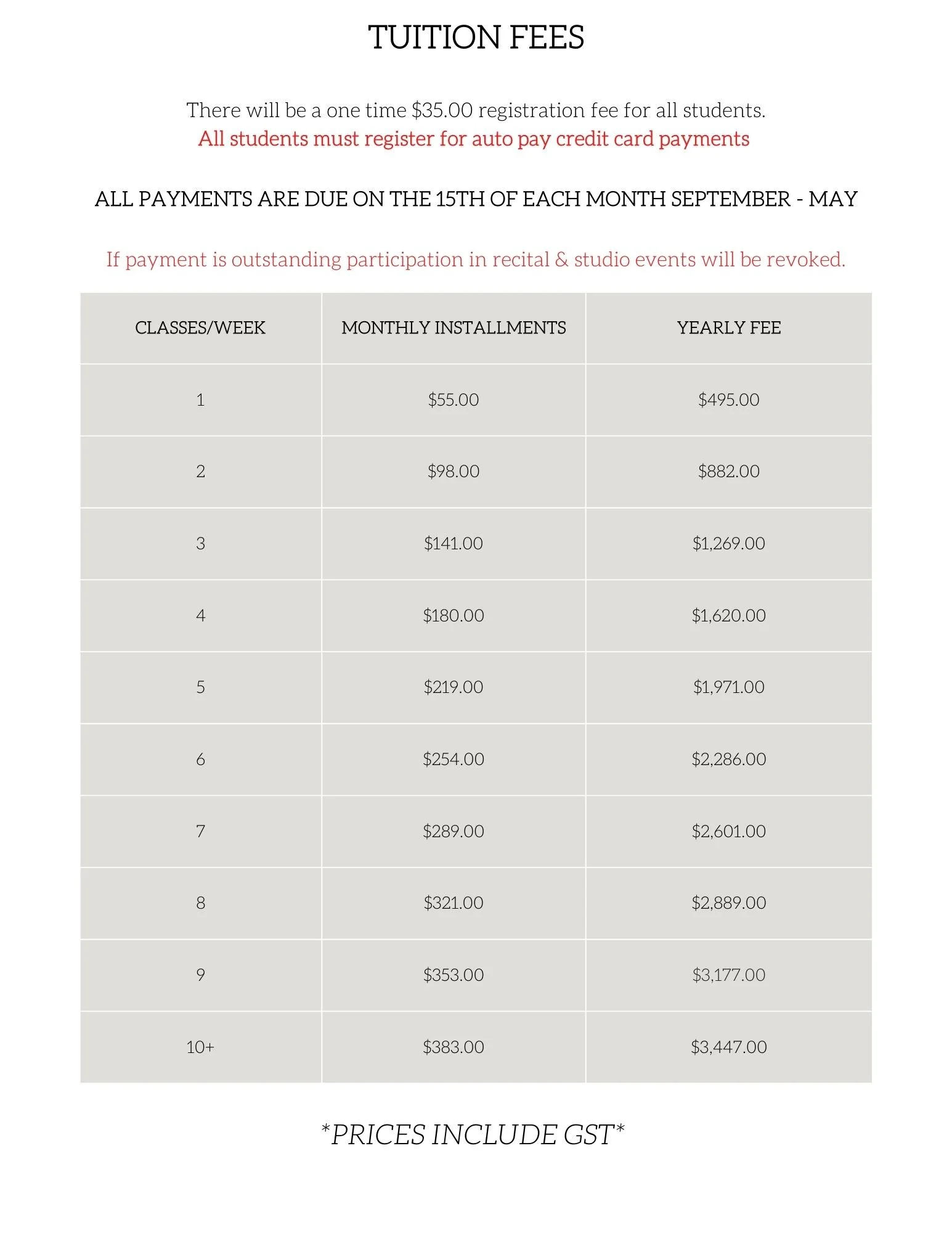 Tuition Fees — Inspire Dance Studio