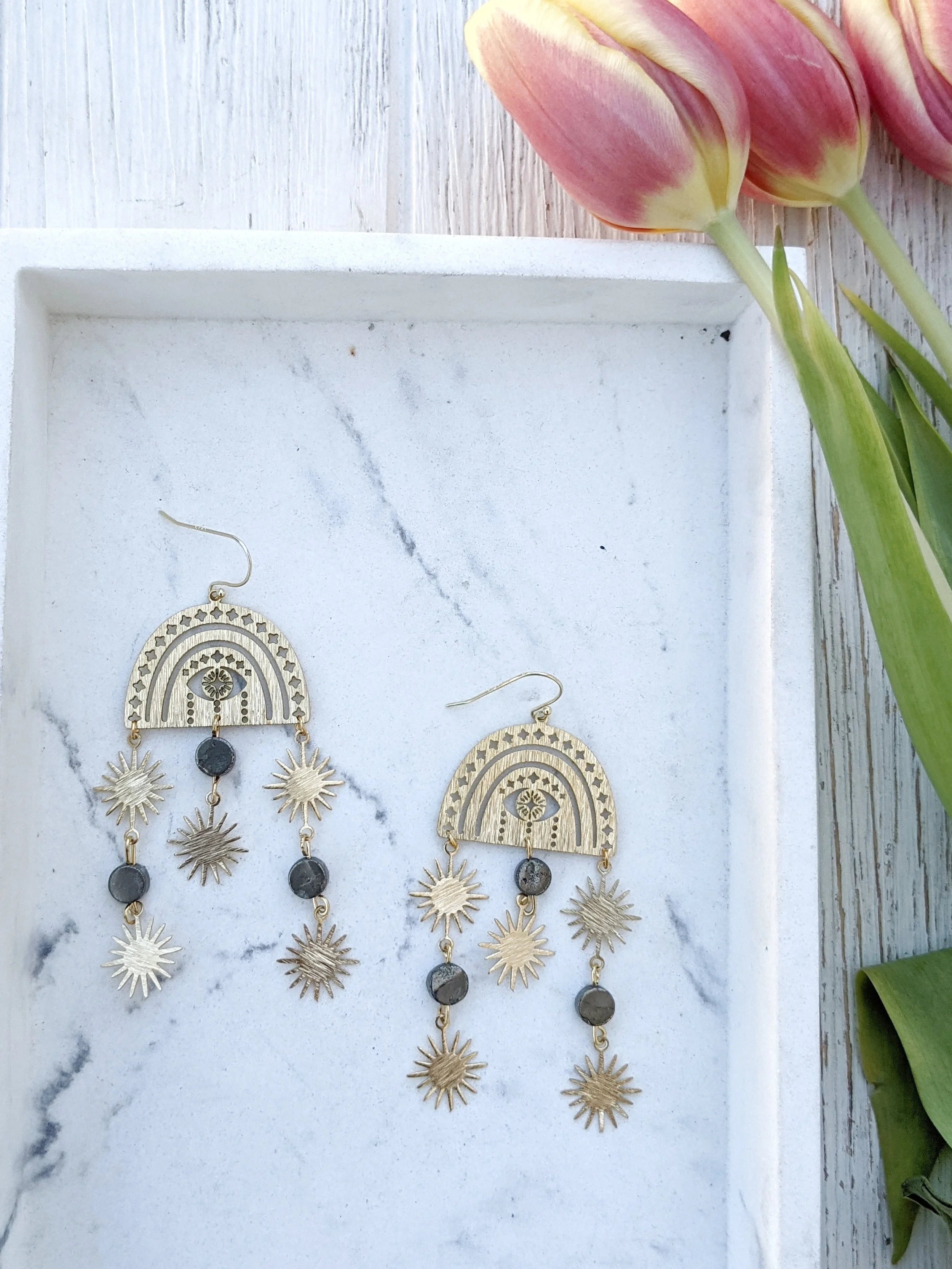 Unique handmade earrings featuring brass, pyrite and gold plated ...