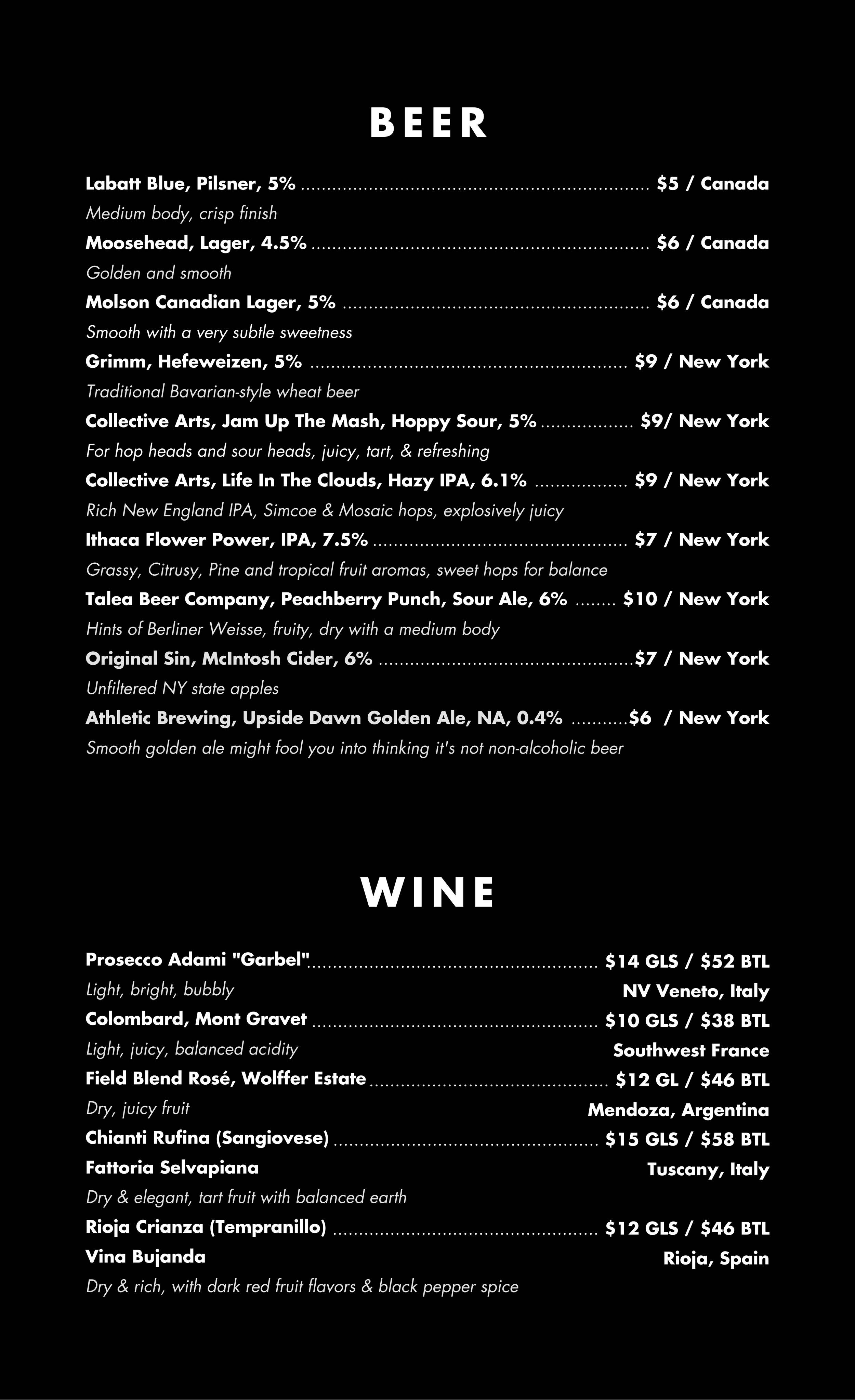 Drink Menu — Mile End Deli