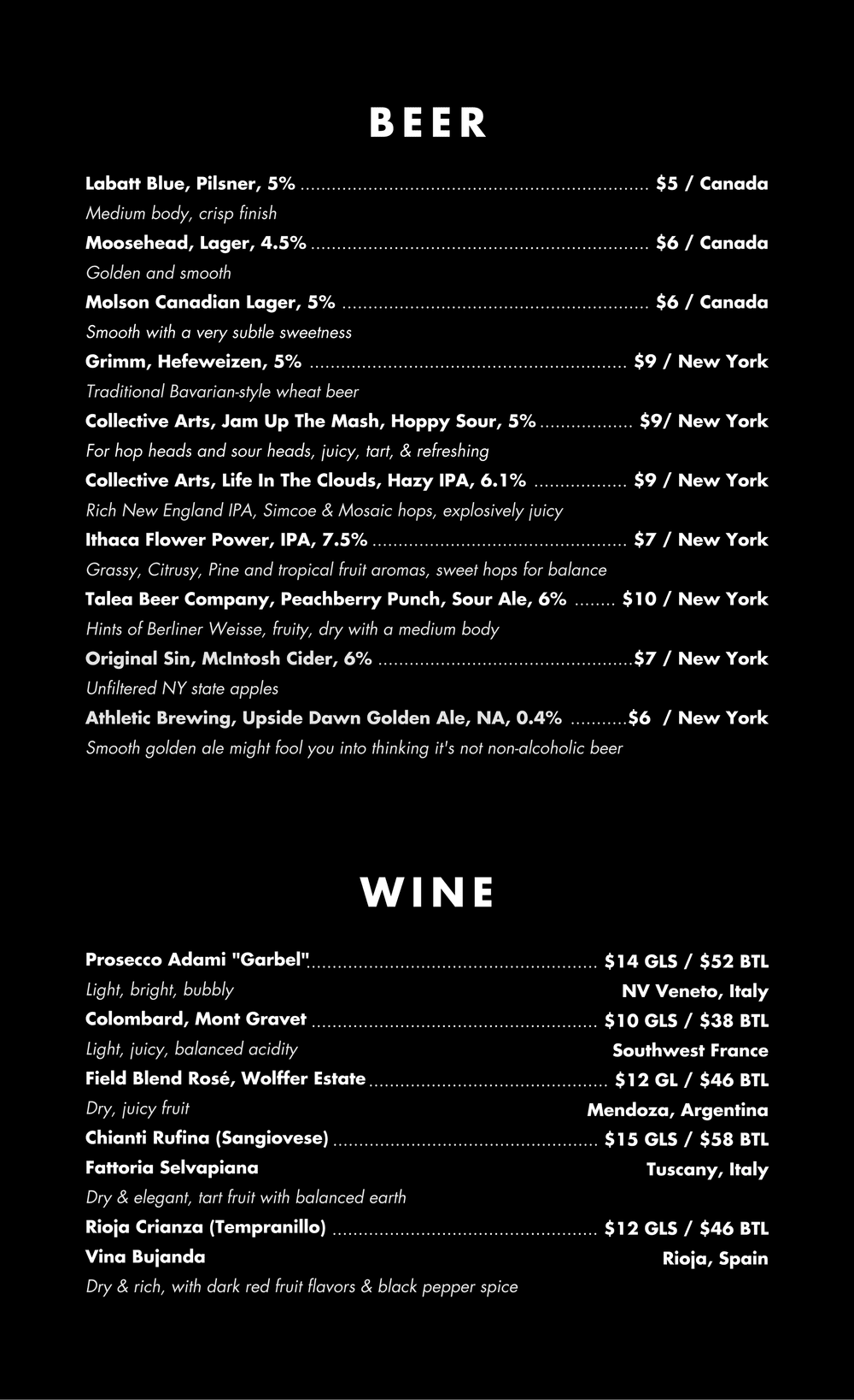 Drink Menu — Mile End Deli