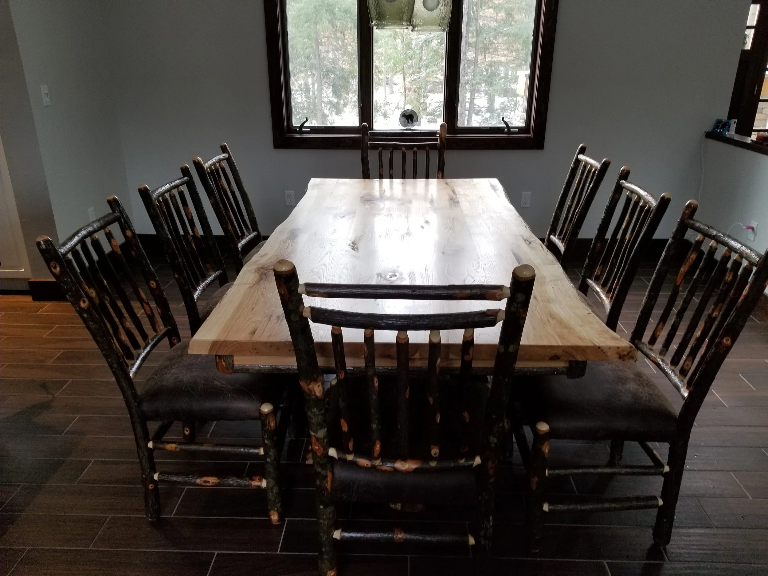 Hickory Live Edge Table with 4 Leg Pedestal Base — EZ Mountain Rustic ...