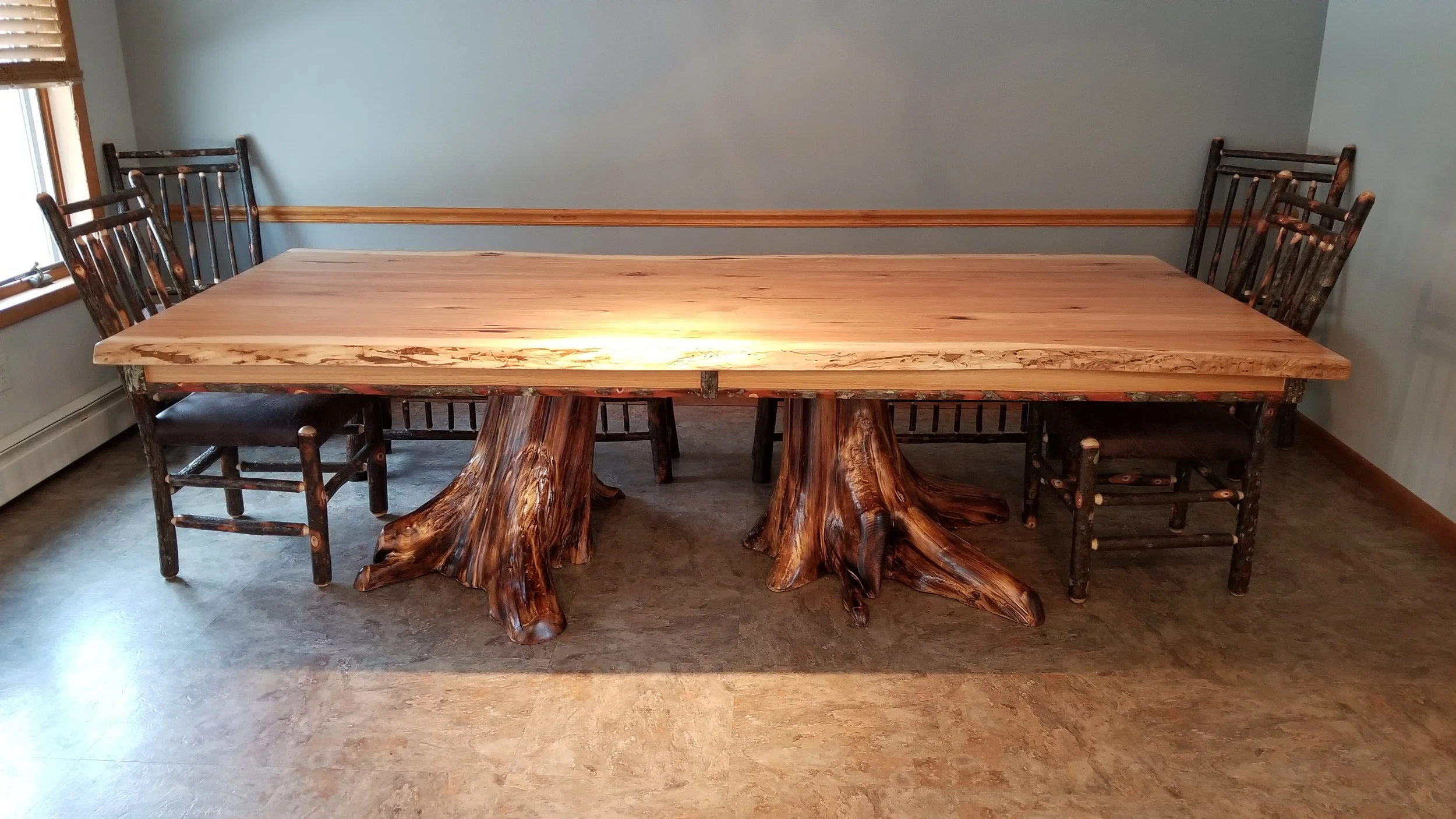 Hickory Live Edge Table with 4 Leg Pedestal Base — EZ Mountain Rustic ...