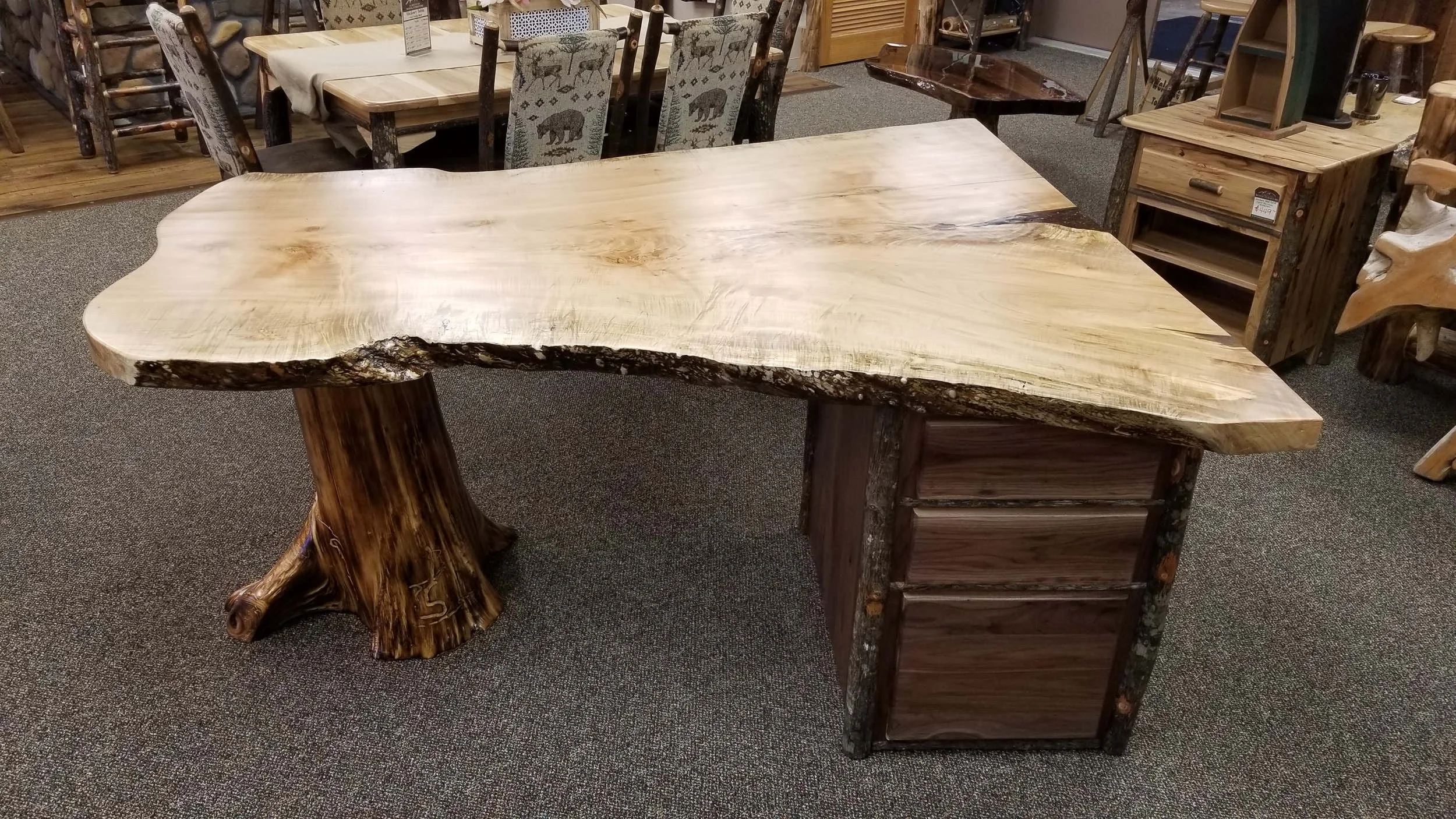 Maple Slab Desk with Stump Base — EZ Mountain Rustic Furniture