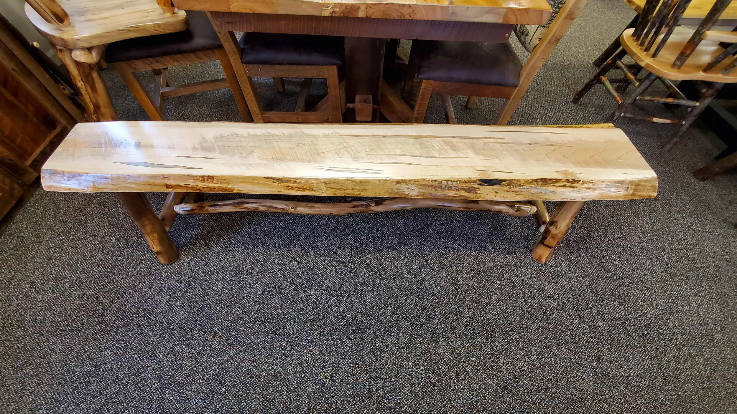 Wormy Maple Dining Bench with Aspen Log Legs — EZ Mountain Rustic Furniture