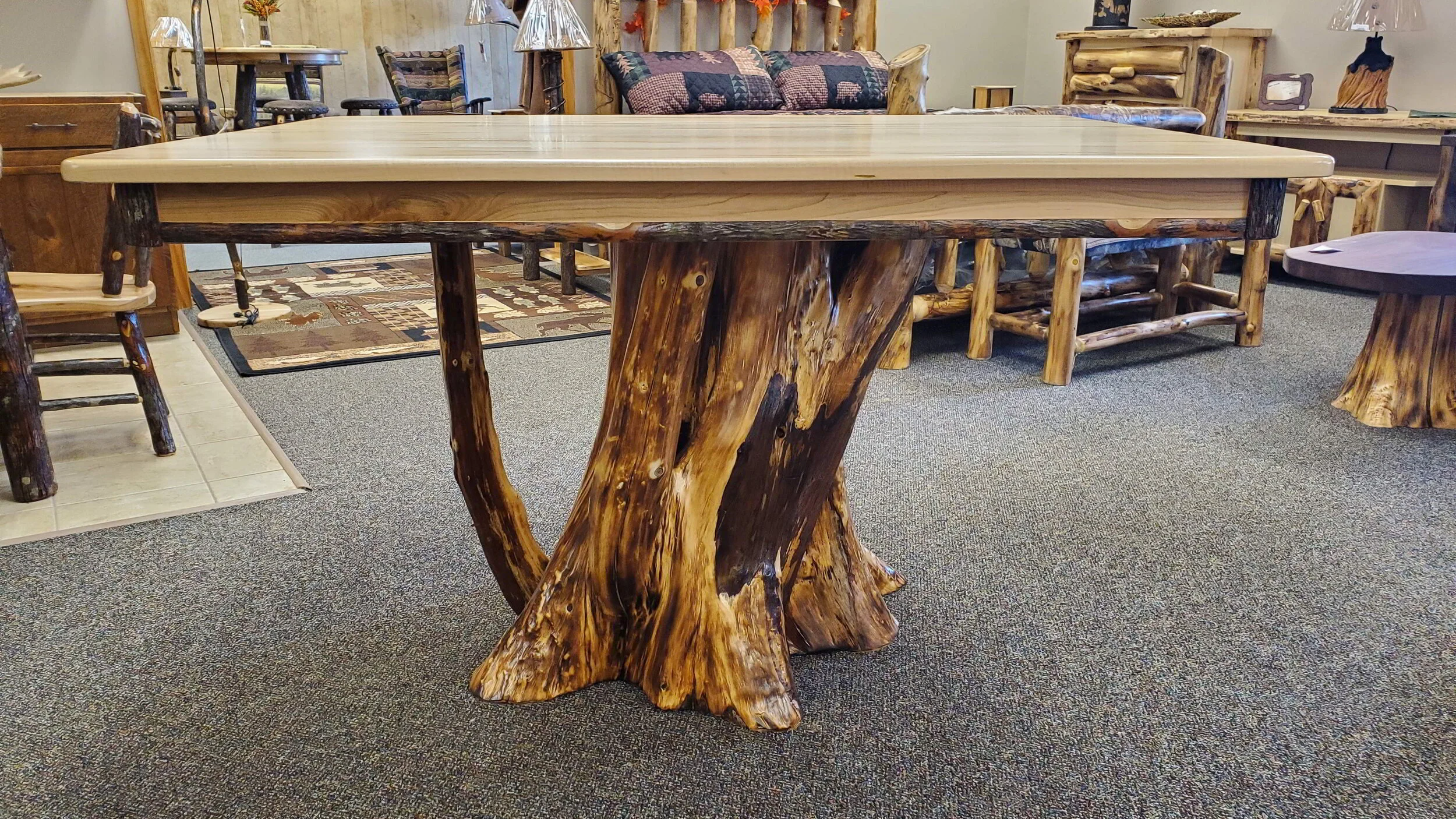 Wormy Maple Dining Table with Stump Base — EZ Mountain Rustic Furniture