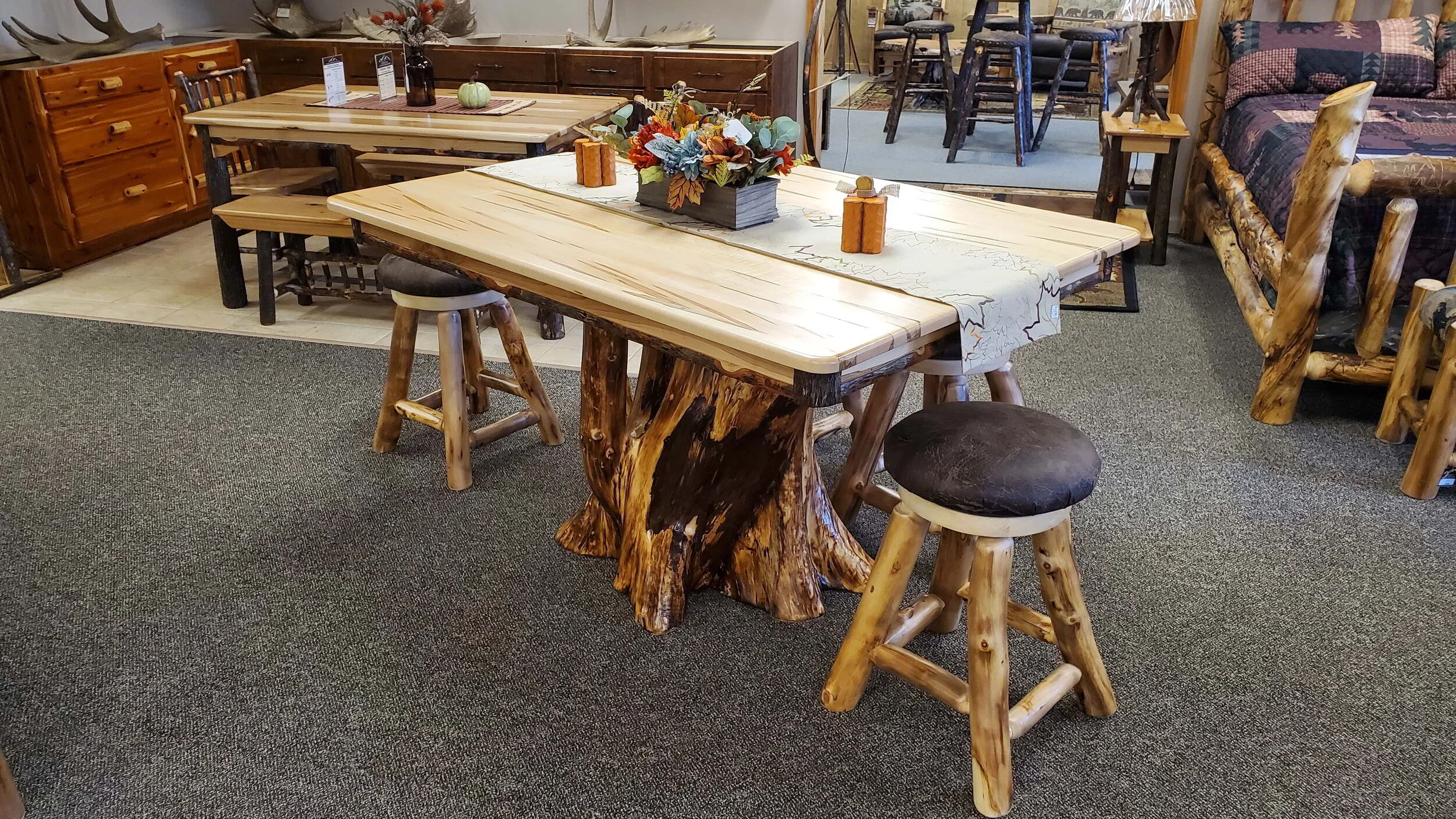 Wormy Maple Dining Table with Stump Base — EZ Mountain Rustic Furniture