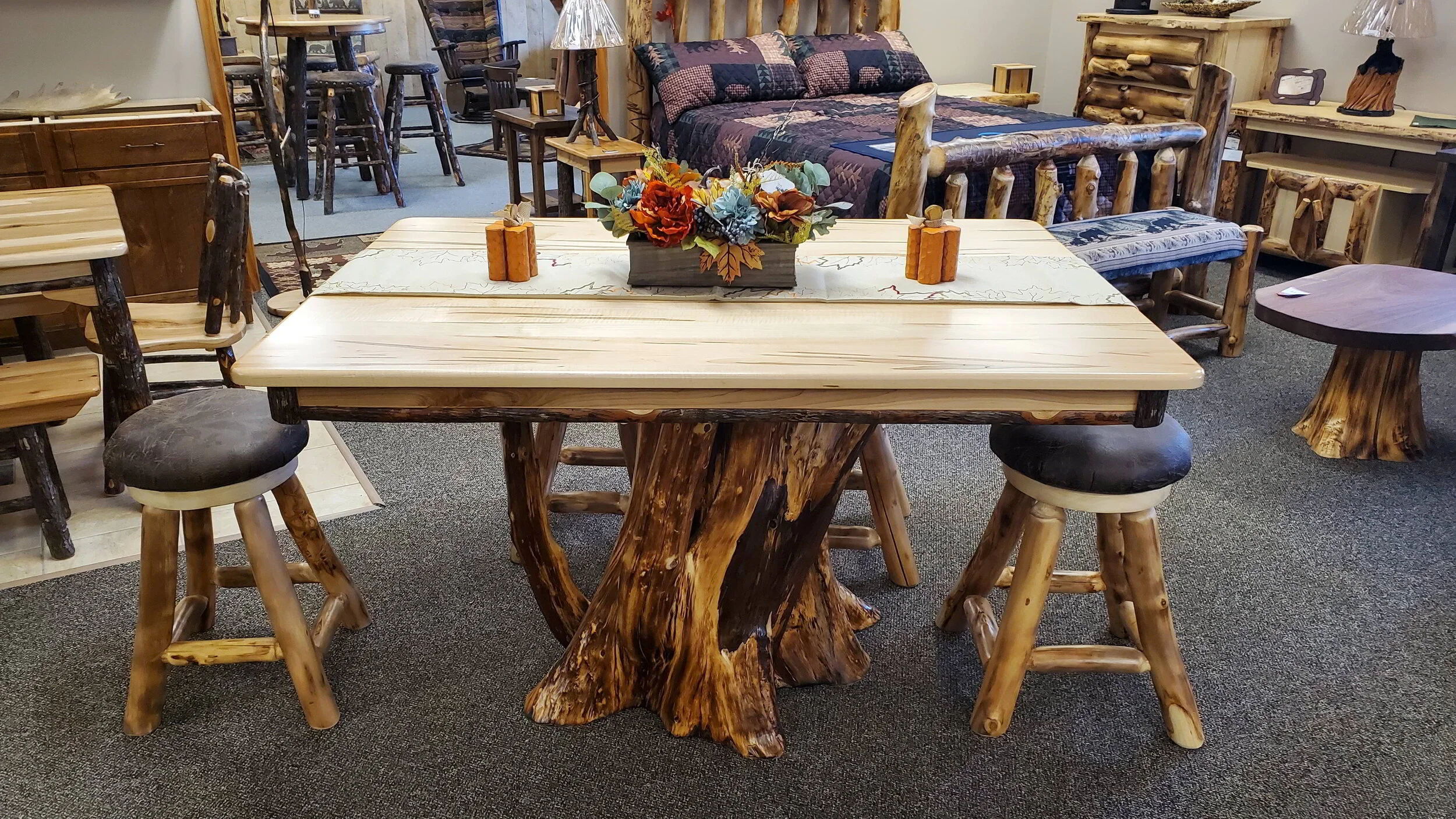 Wormy Maple Dining Table with Stump Base — EZ Mountain Rustic Furniture