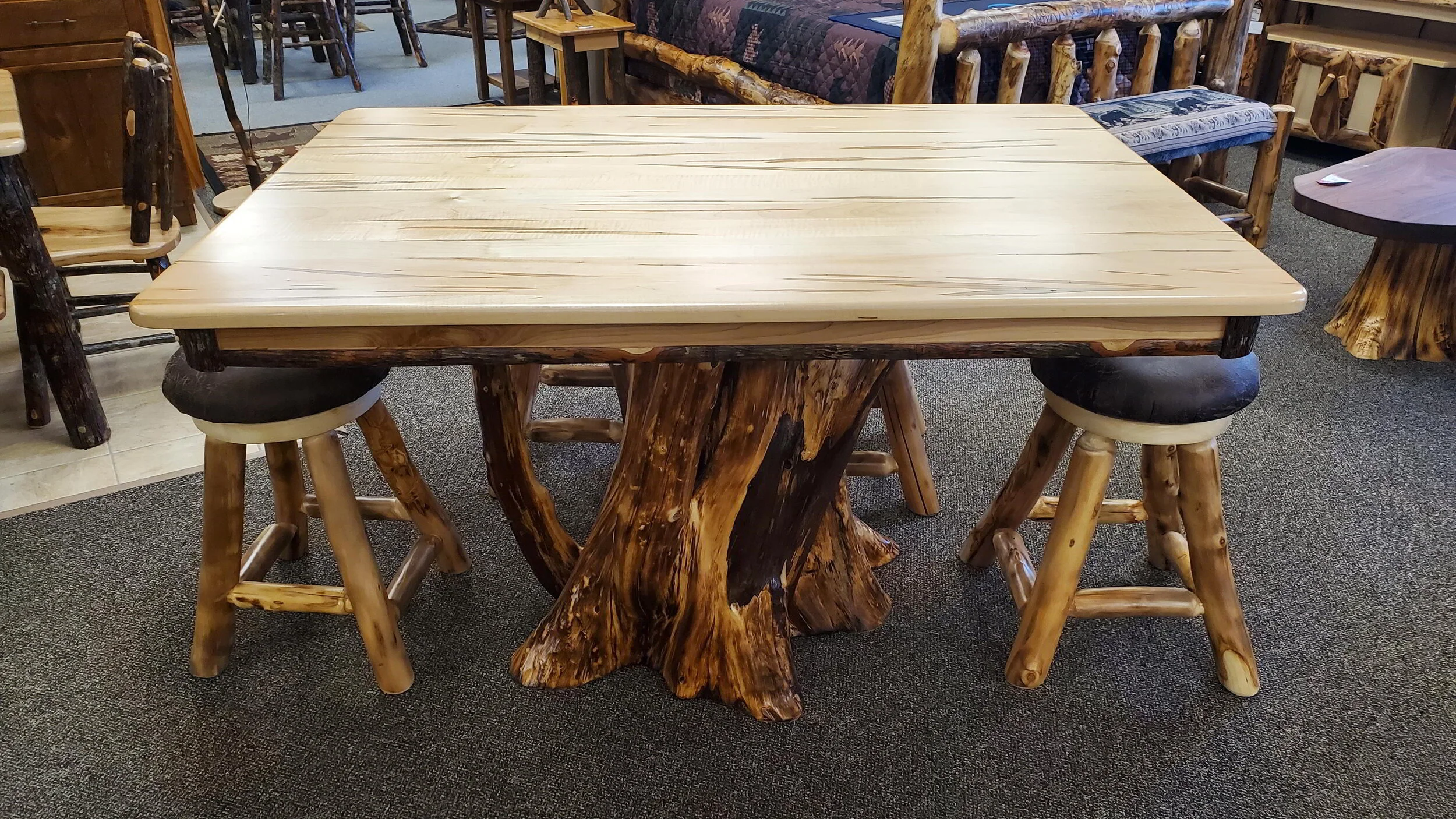 Wormy Maple Dining Table with Stump Base — EZ Mountain Rustic Furniture
