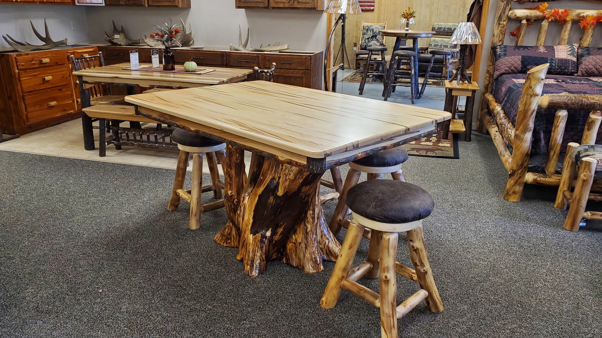 Wormy Maple Dining Table with Stump Base — EZ Mountain Rustic Furniture