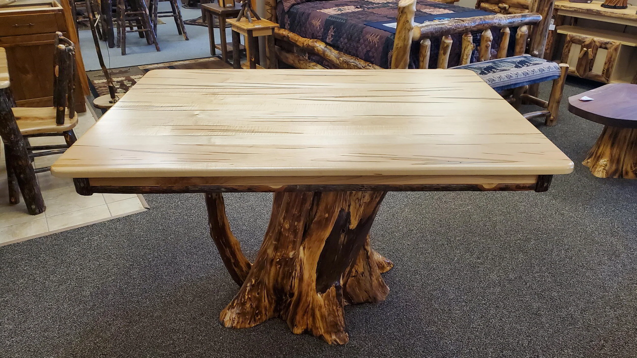 Wormy Maple Dining Table with Stump Base — EZ Mountain Rustic Furniture