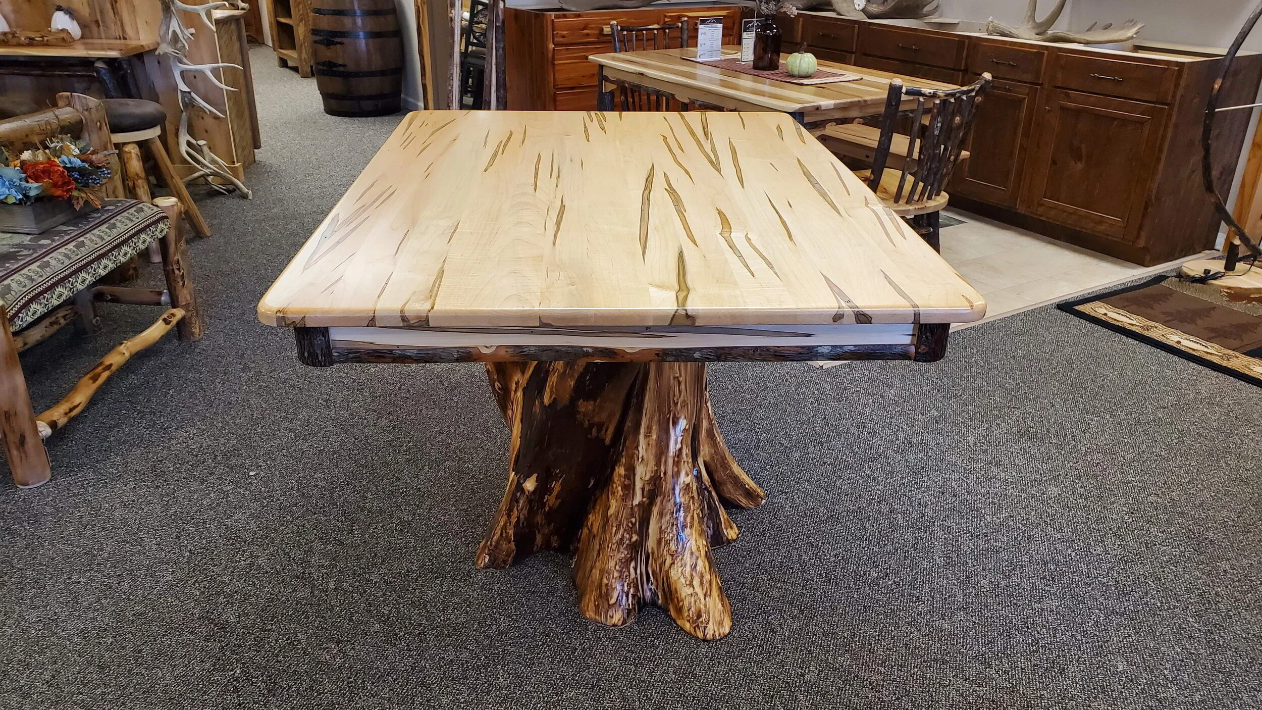 Wormy Maple Dining Table with Stump Base — EZ Mountain Rustic Furniture