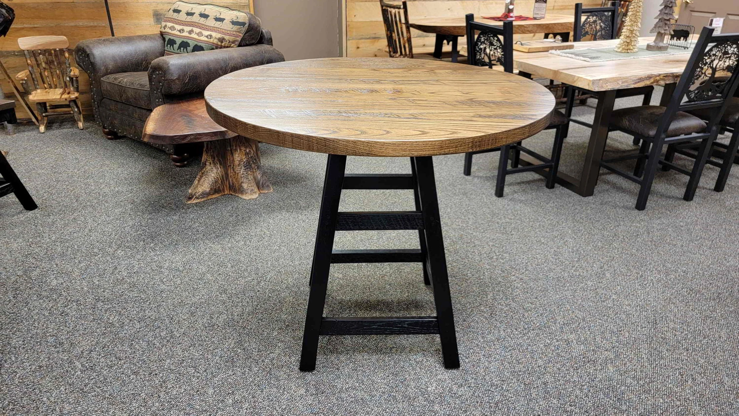 Rough Cut Oak Round Pub Table with 4 Leg Pedestal Base — EZ Mountain ...