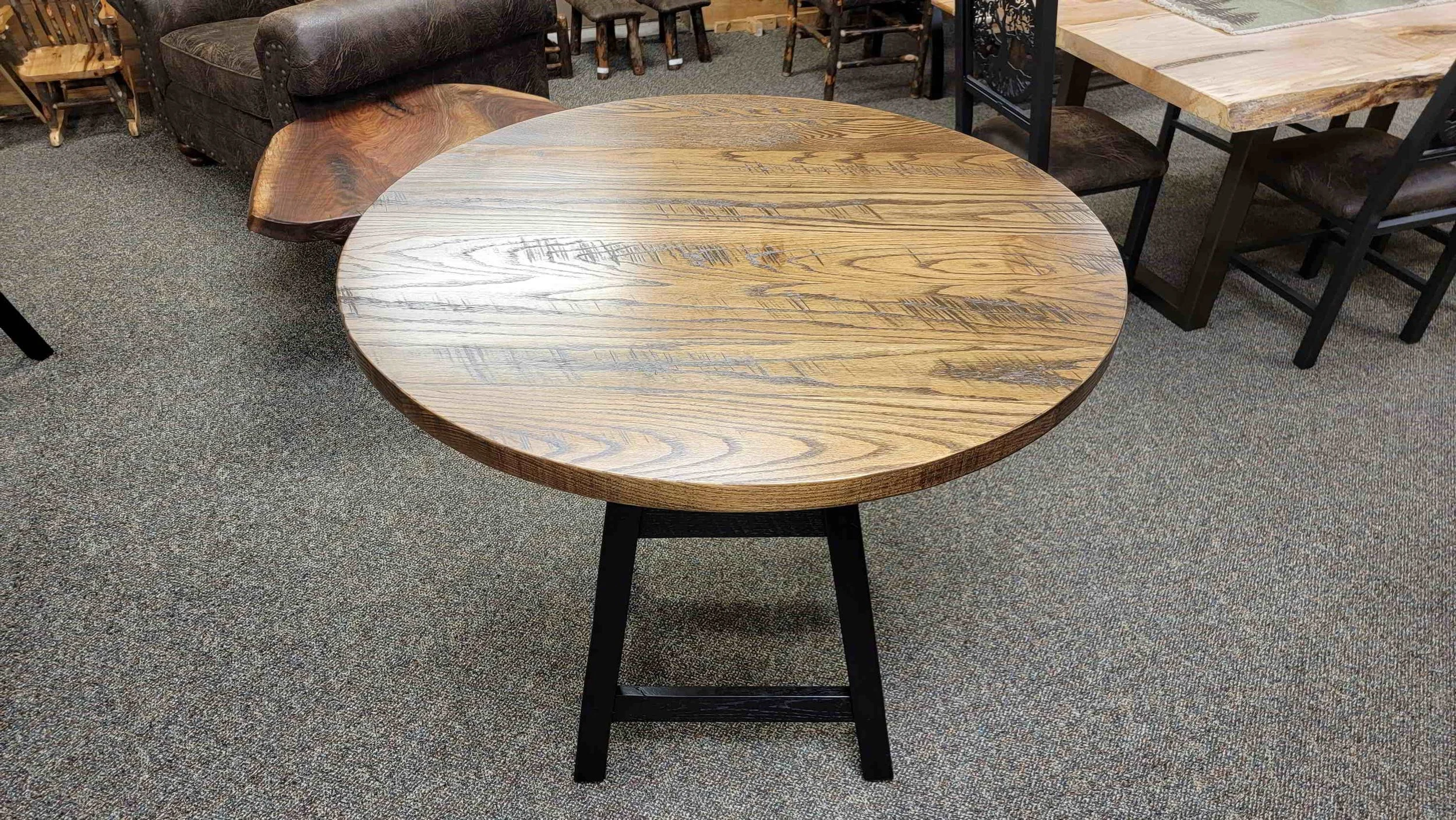 Rough Cut Oak Round Pub Table with 4 Leg Pedestal Base — EZ Mountain ...
