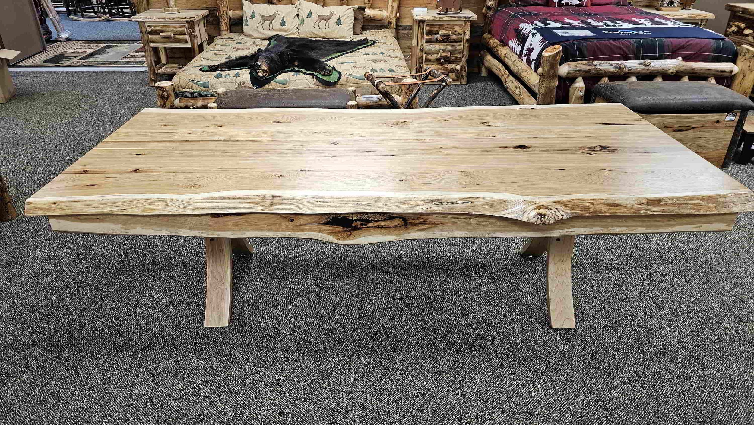 Hickory Live Edge Table with Crescent Beam Base — EZ Mountain Rustic ...