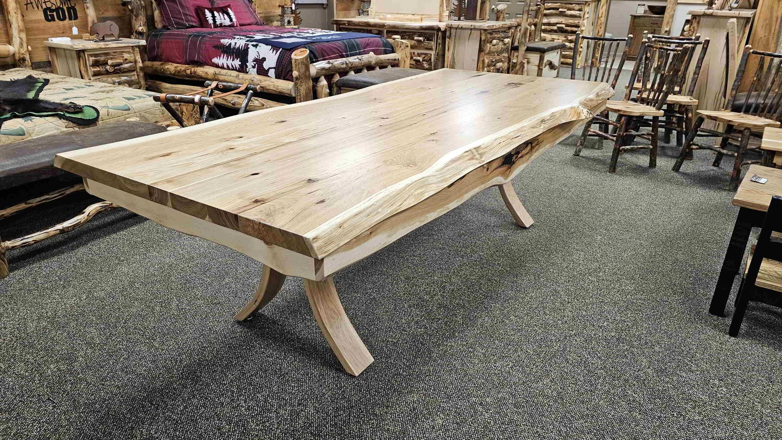 Hickory Live Edge Table with Crescent Beam Base — EZ Mountain Rustic ...