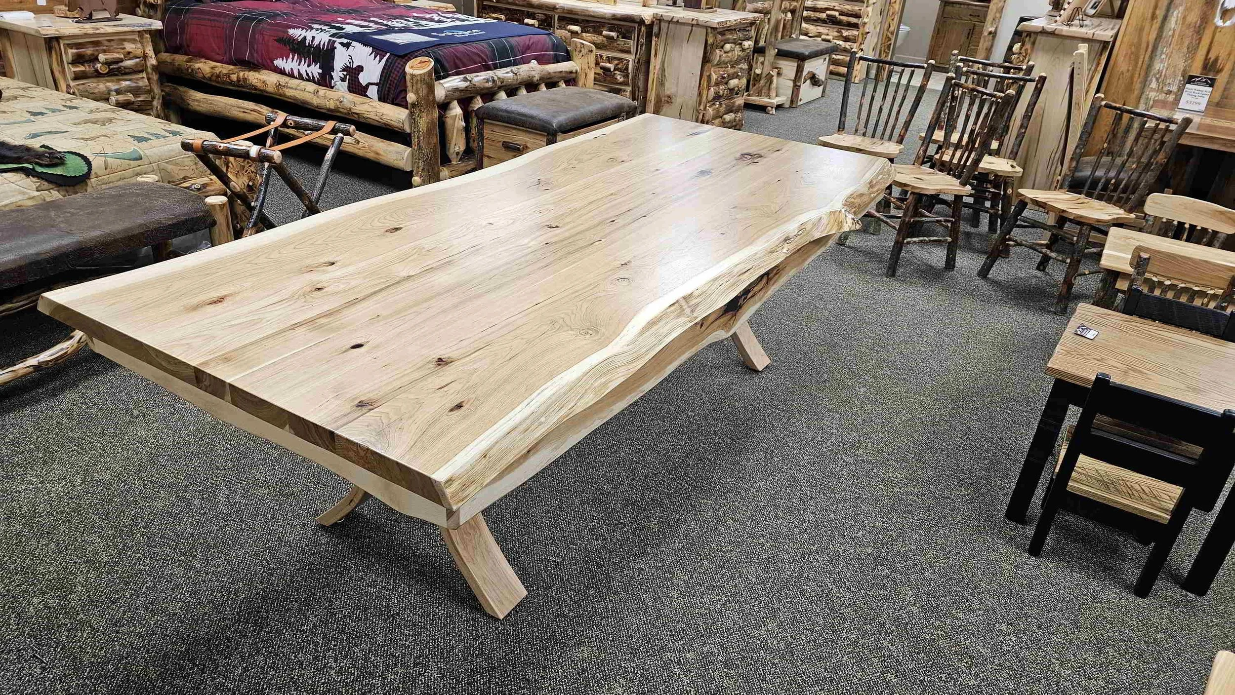 Hickory Live Edge Table with Crescent Beam Base — EZ Mountain Rustic ...