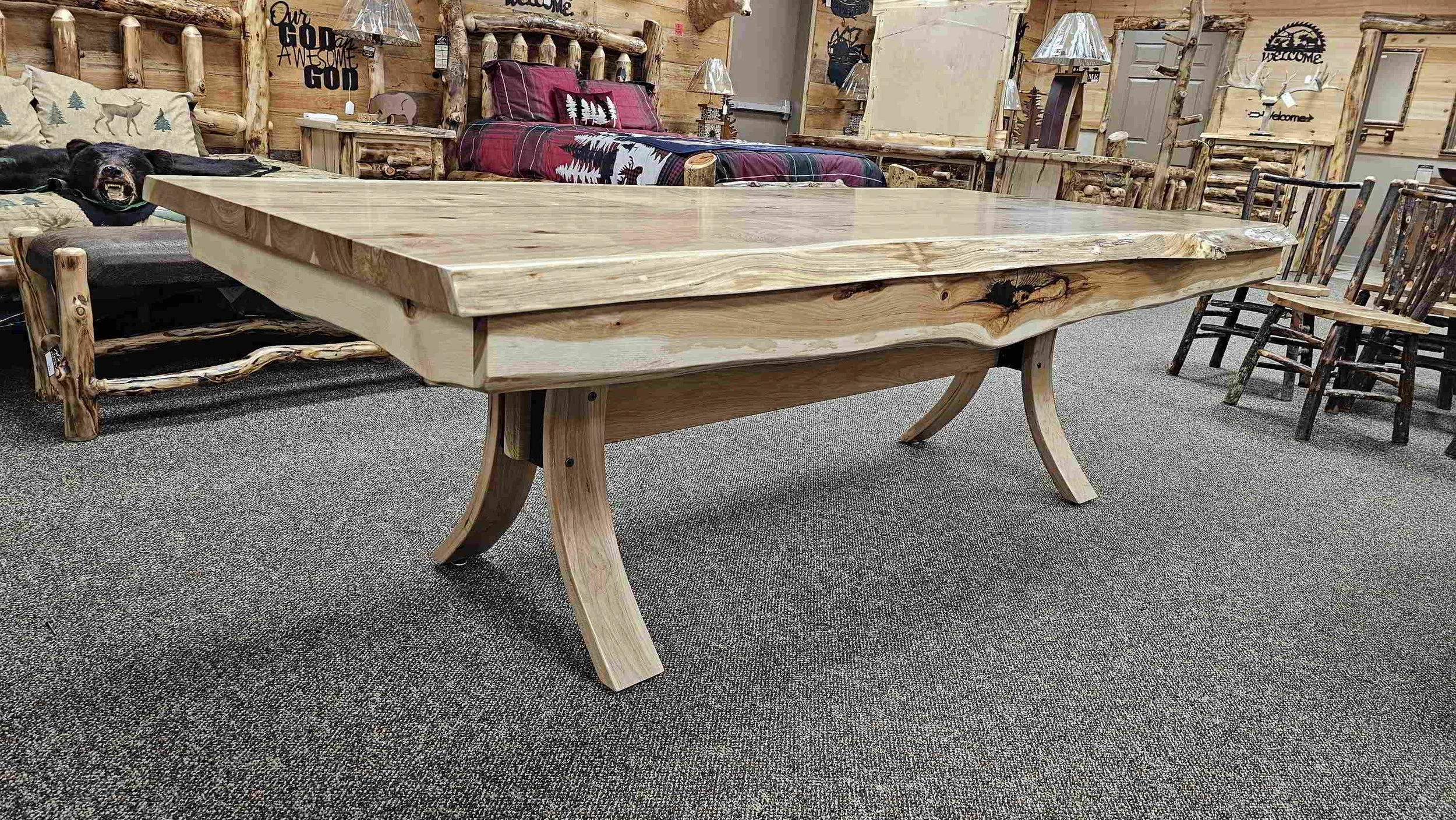 Hickory Live Edge Table with Crescent Beam Base — EZ Mountain Rustic ...