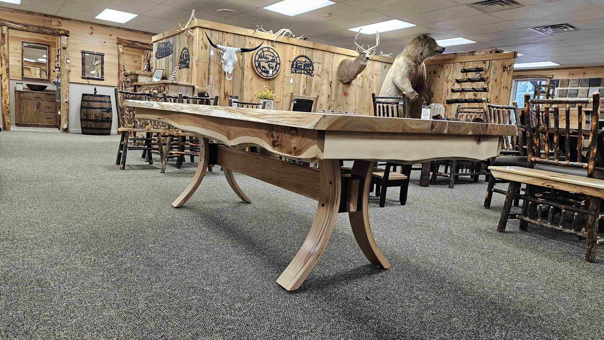 Hickory Live Edge Table with Crescent Beam Base — EZ Mountain Rustic ...