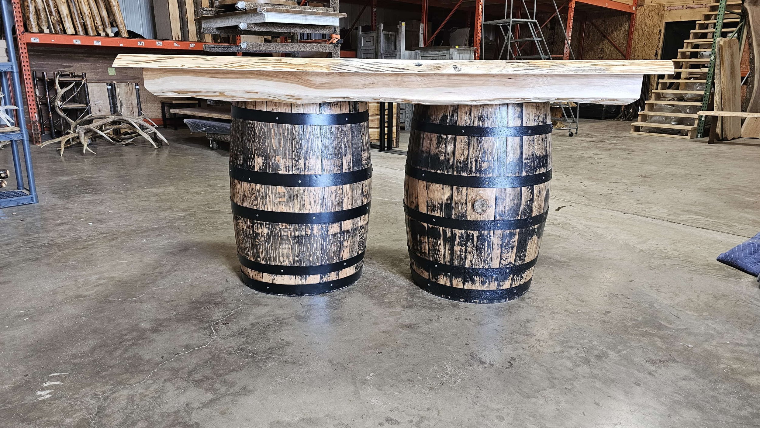 Hickory Live Edge Table with Barrel Base — EZ Mountain Rustic Furniture