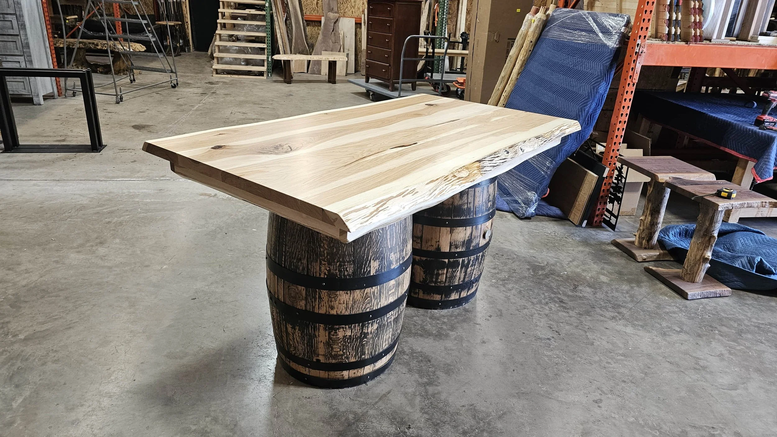 Hickory Live Edge Table with Barrel Base — EZ Mountain Rustic Furniture