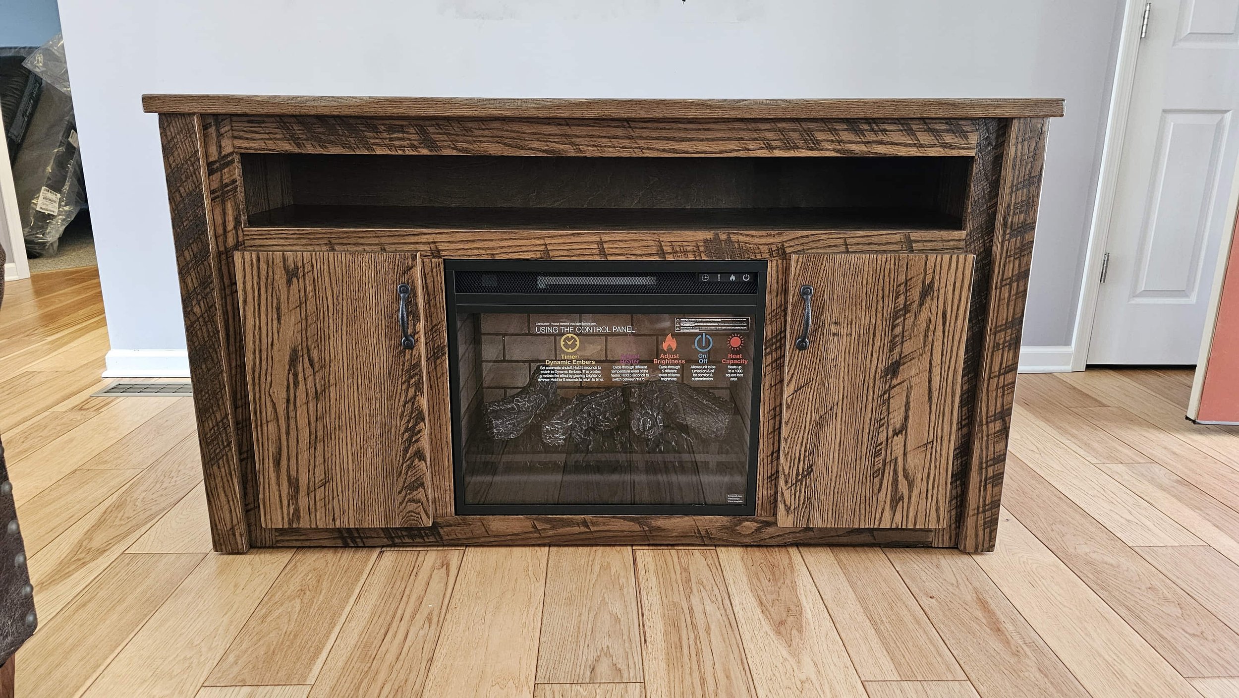 Rough Cut Oak 60" TV Stand with Fireplace — EZ Mountain Rustic Furniture
