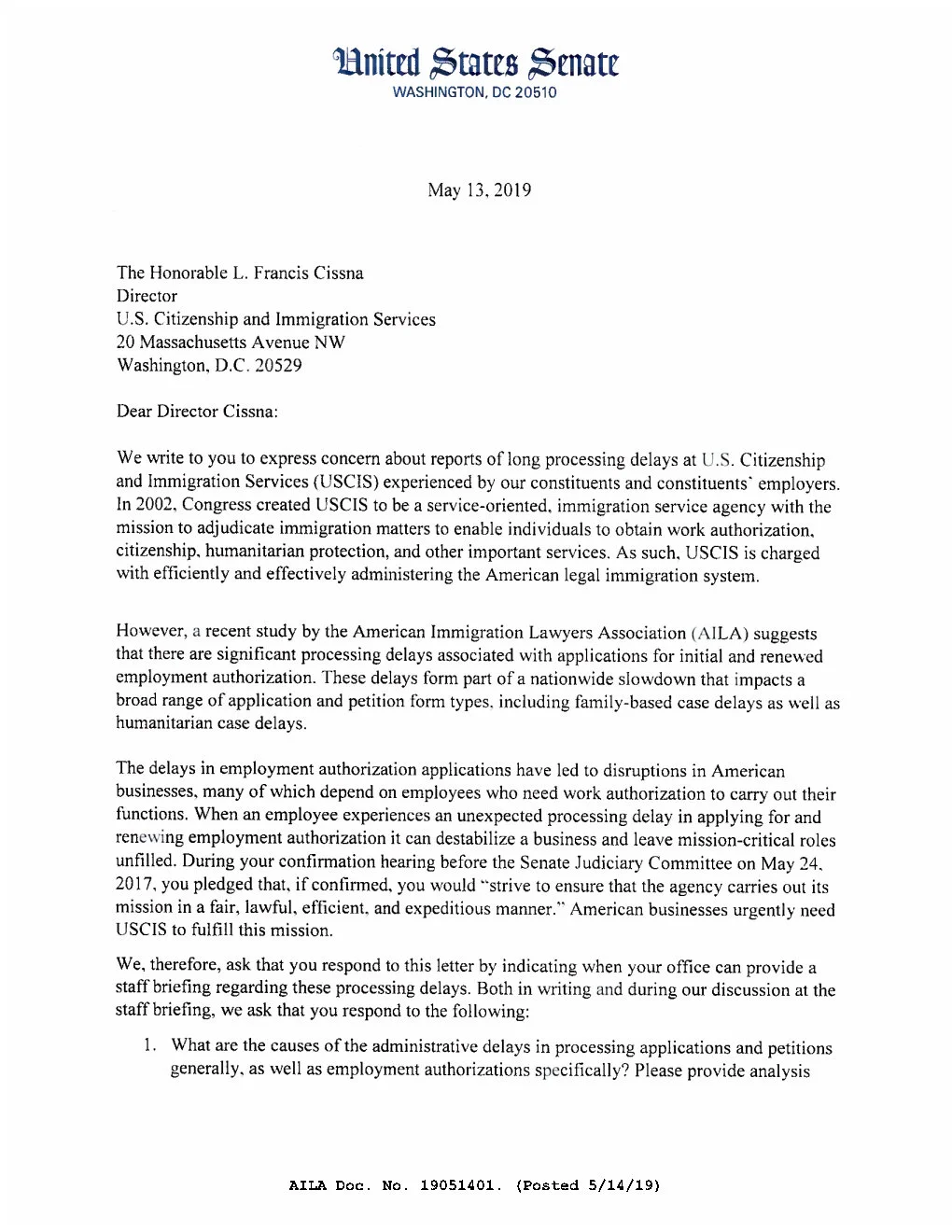 U.S. Senators Send Bipartisan Letter to USCIS to Express Concerns About ...