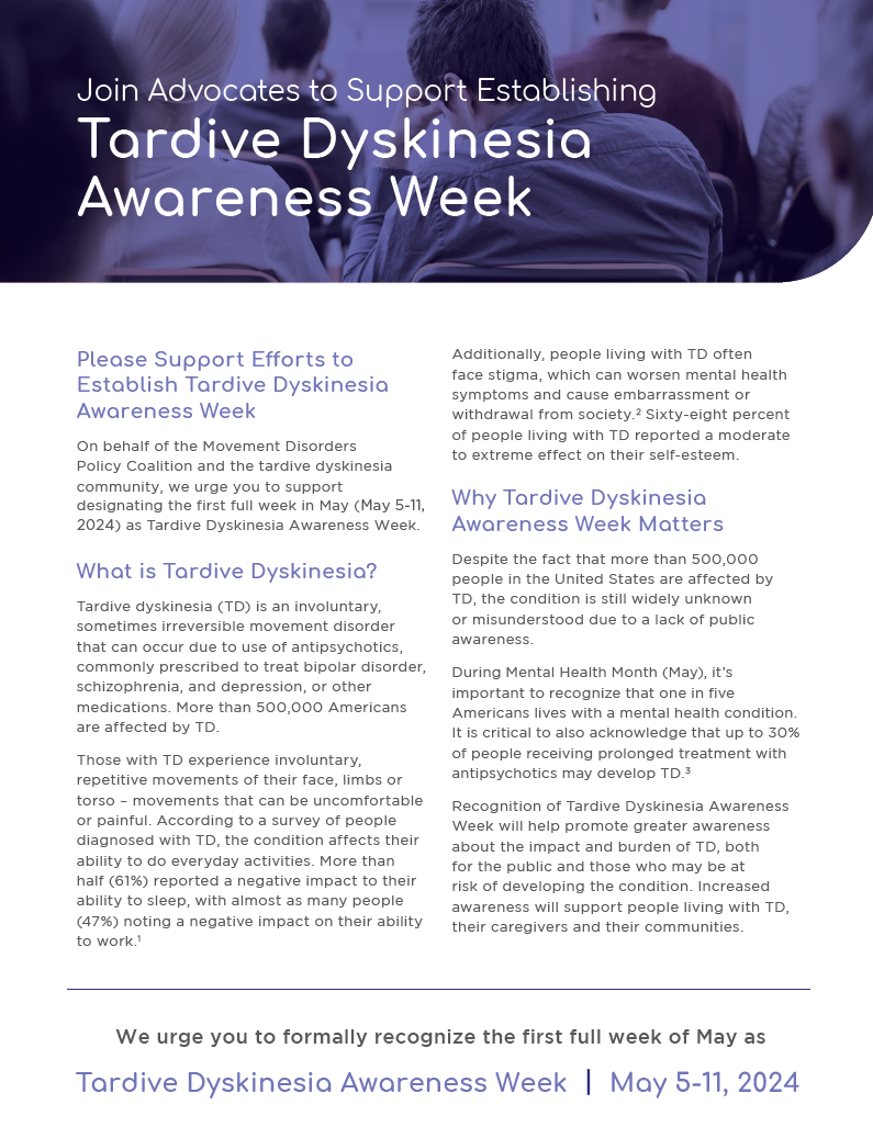 Tardive Dyskinesia Awareness Week — Movement Disorders Policy Coalition