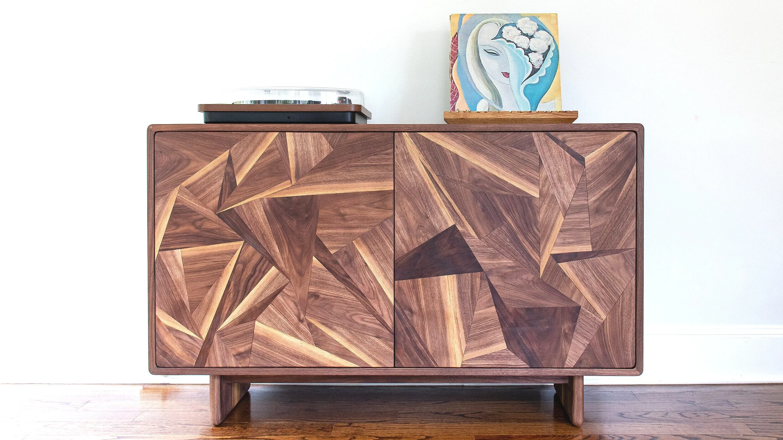Geometric Veneer Record Player Stand — 3x3 Custom