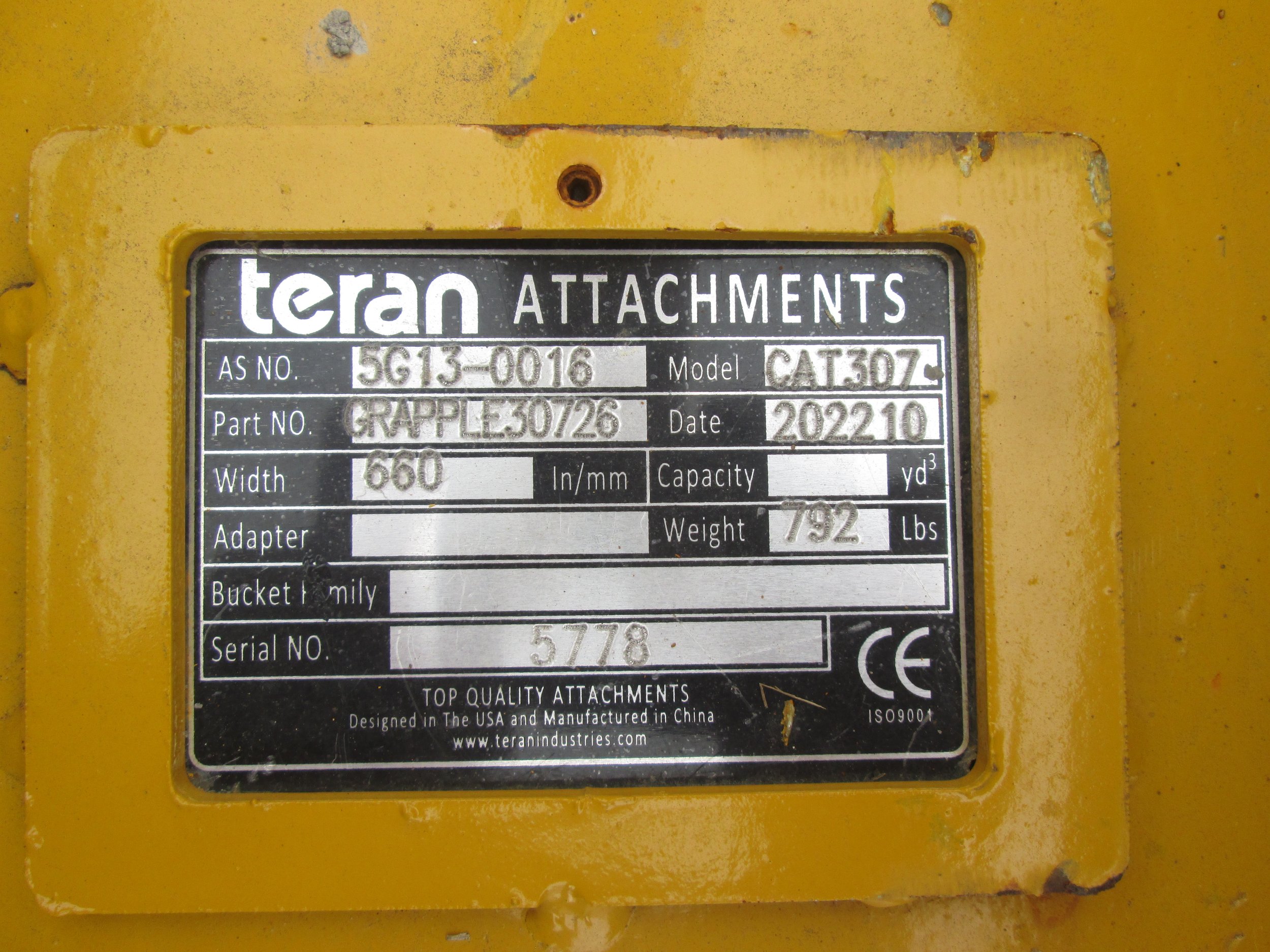 #5778 - NEW TERAN ADJUSTABLE 1/2 STATIONARY GRAPPLE CAT 307D, 308D ...