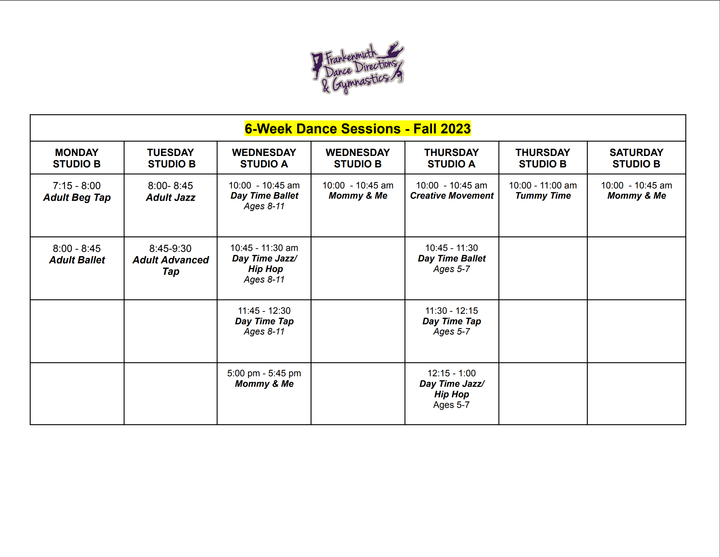 Class Schedule — Dance Directions