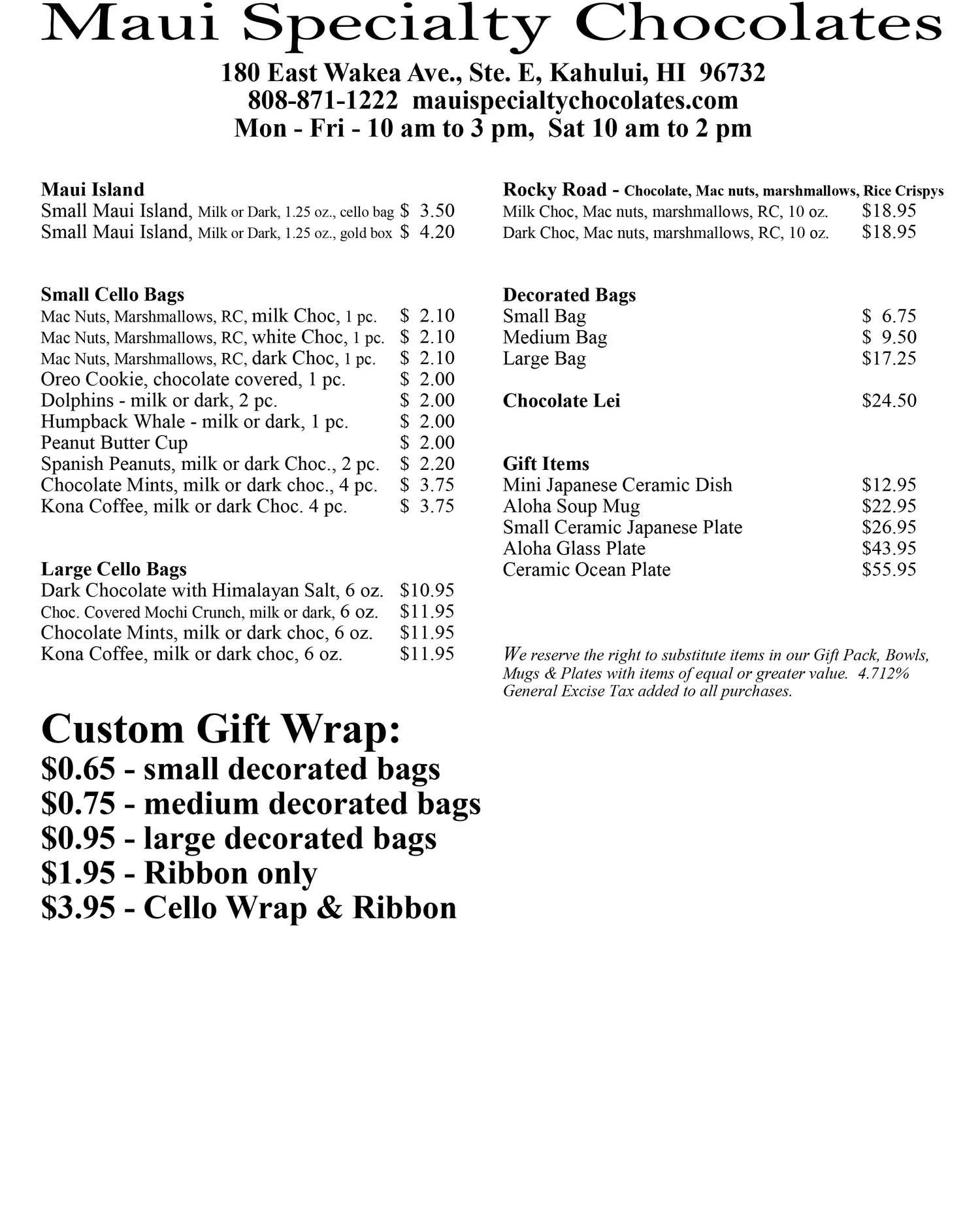 Product List — Maui Specialty Chocolates