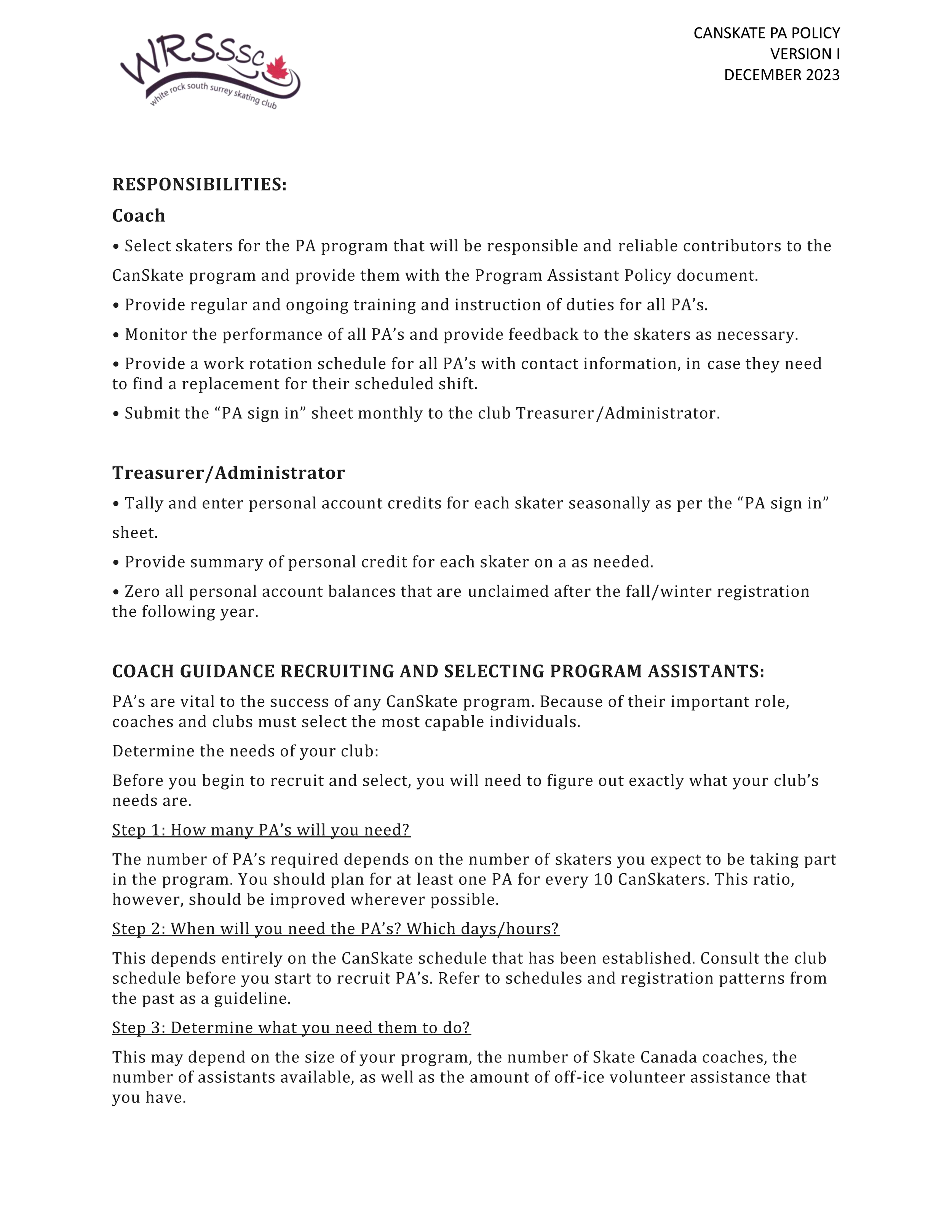 CanSkate PA Policy — WRSSSC