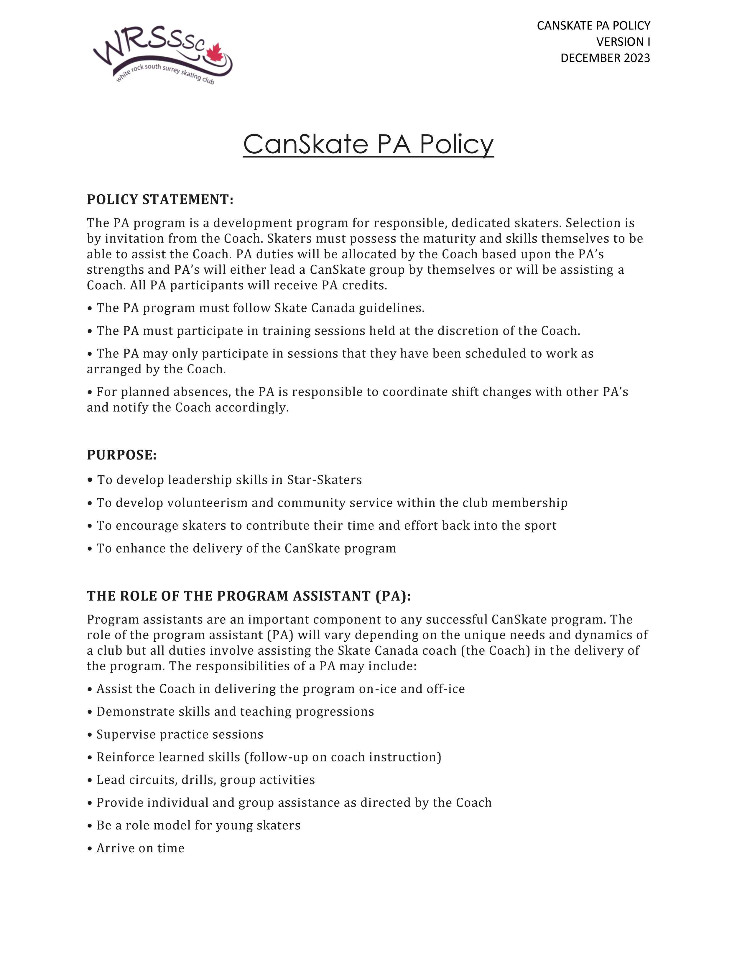 CanSkate PA Policy — WRSSSC