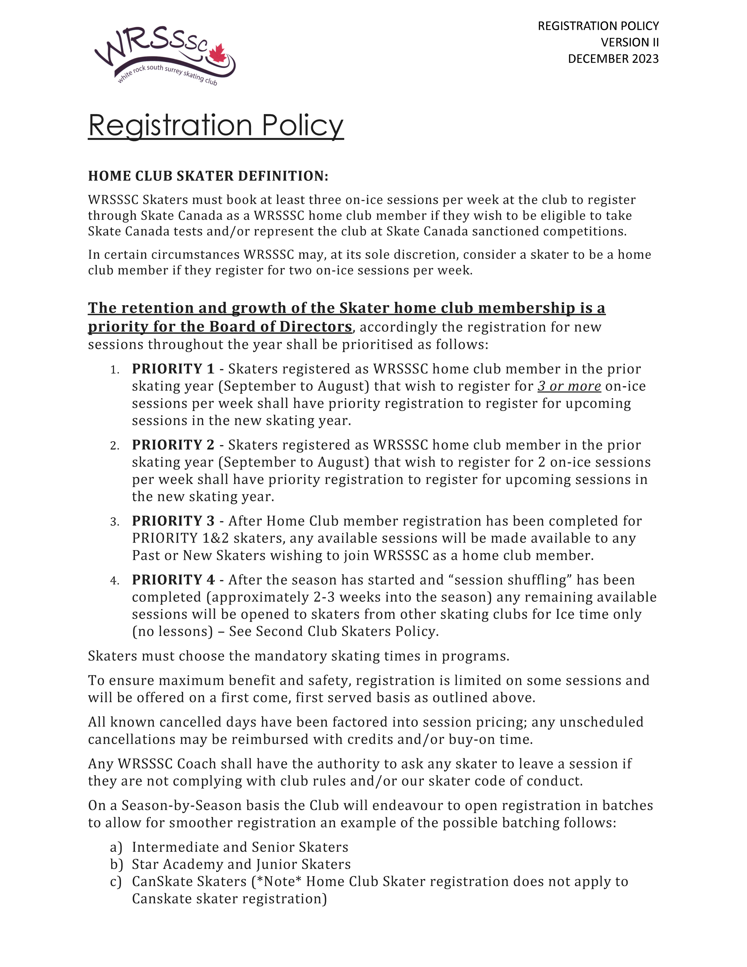 Registration Policy — WRSSSC