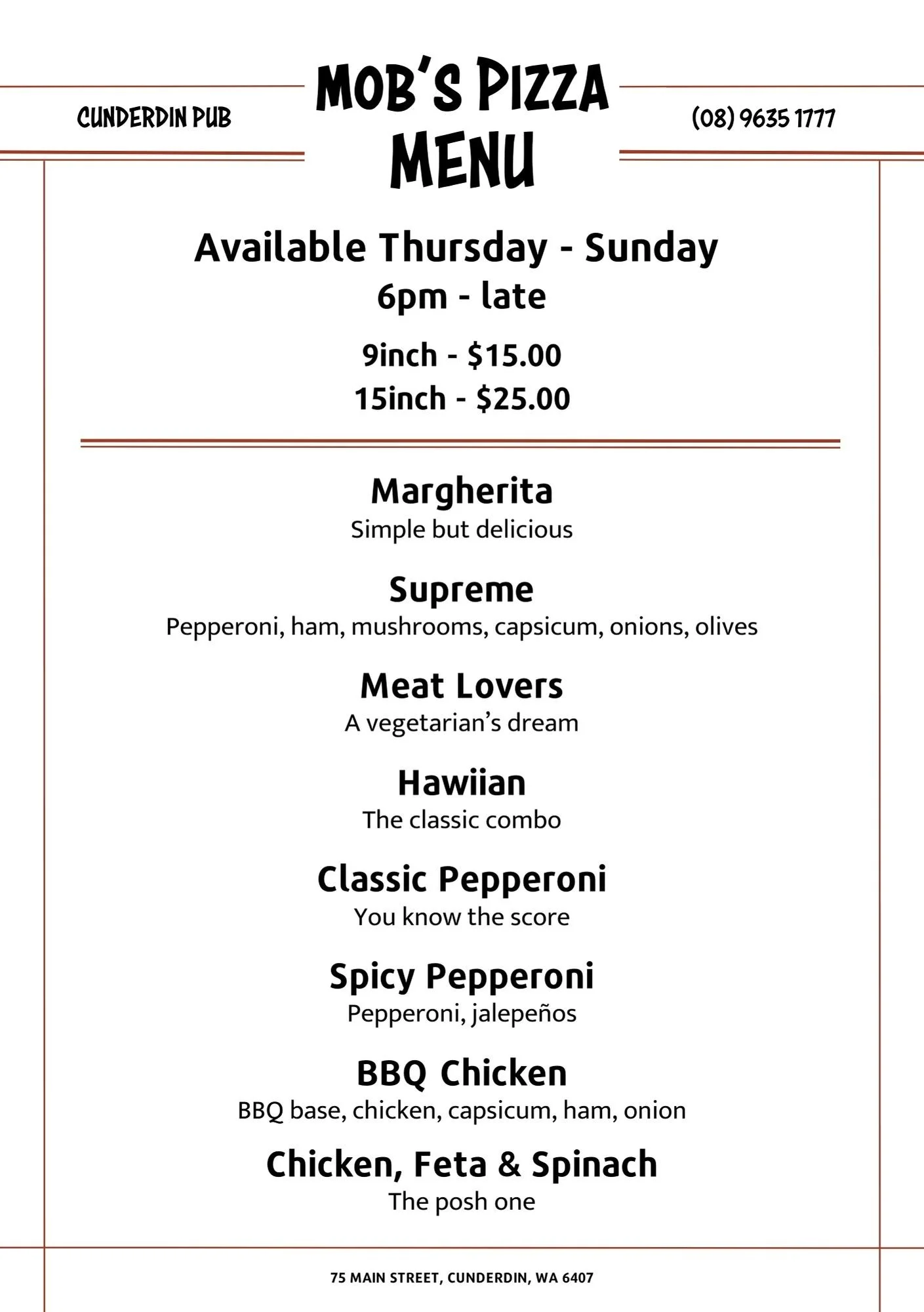 THe Cunderdin Etamogah Pub Pizza Menu, WA — The Cunderdin Pub