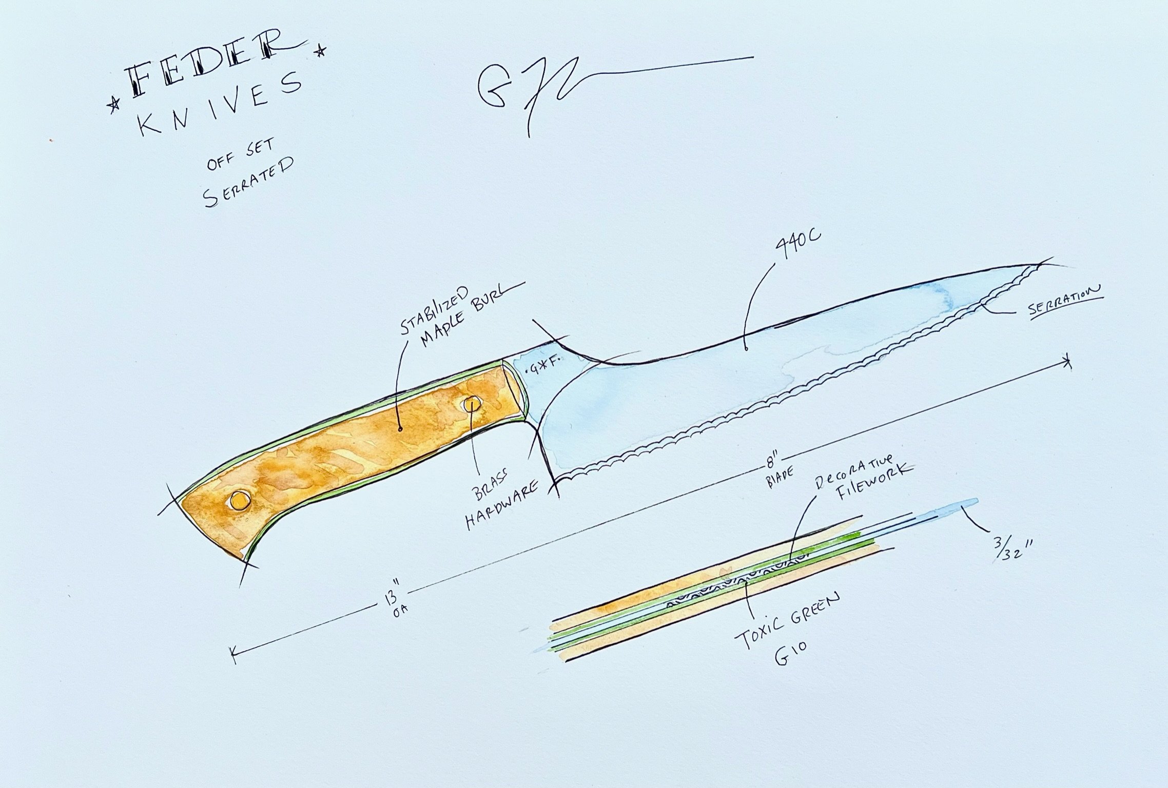 Custom 8" Offset Serrated / g10 / stainless — Feder knives
